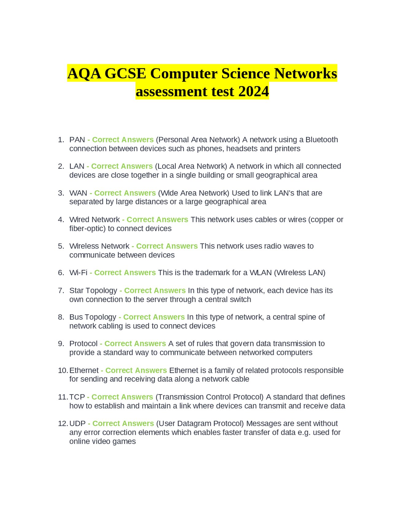 AQA GCSE Computer Science Networks assessment test 2024 | Exams ...