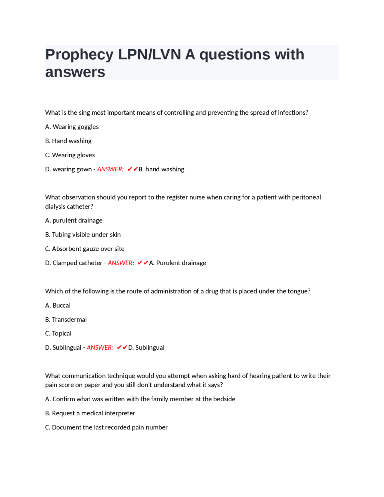 Prophecy LPN/LVN A questions with answers | Exams Nursing | Docsity