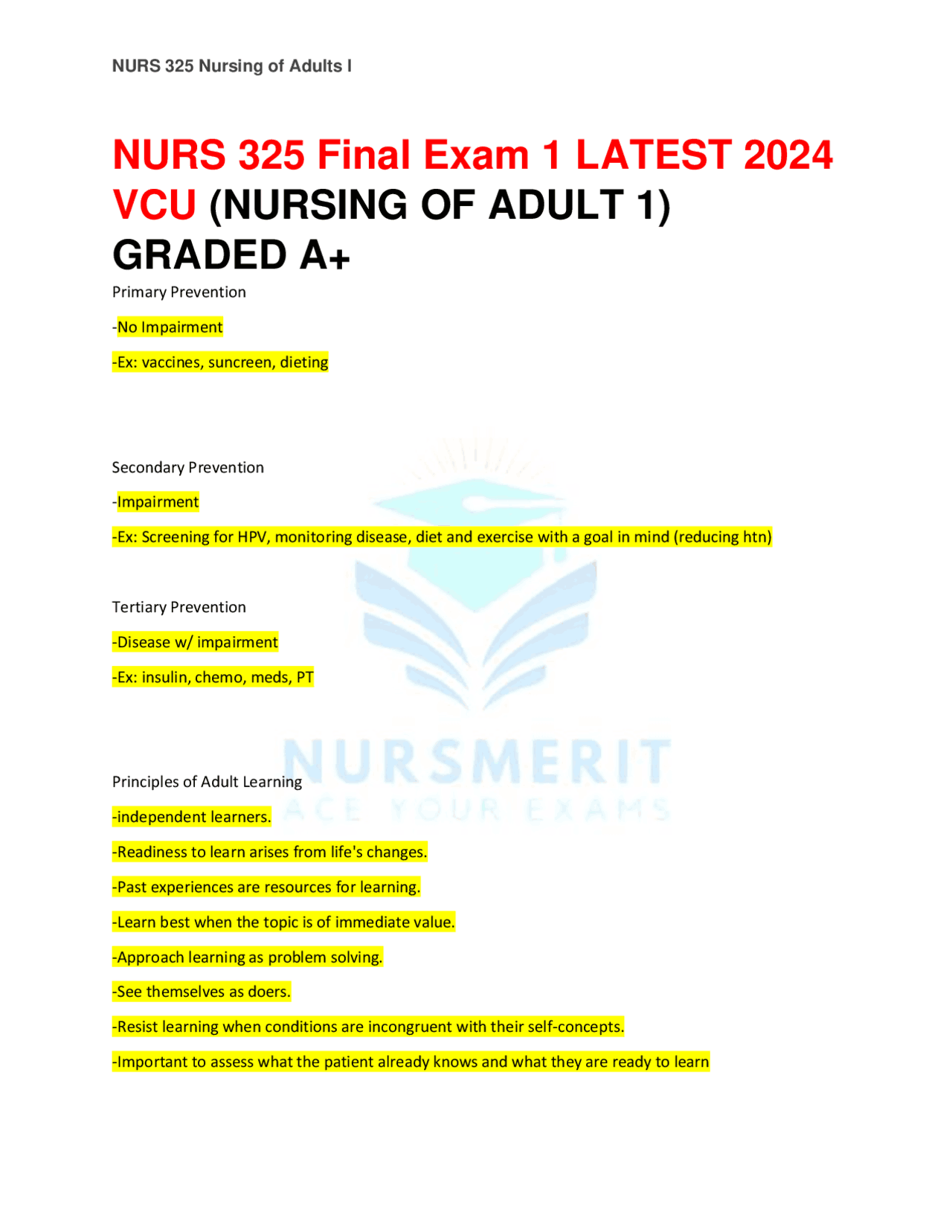Nurs 325 Final Exam 1 Latest 2024 Vcu Nursing Of Adult 1 Graded A