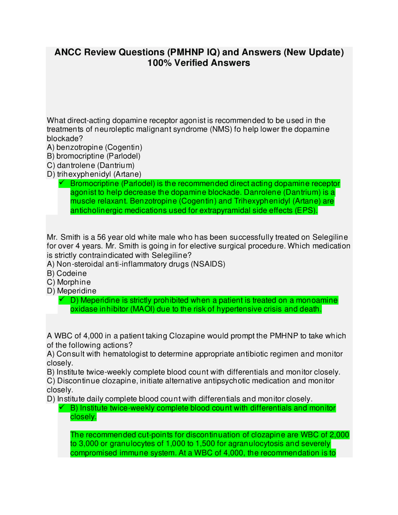 ANCC Review Questions (PMHNP IQ) and Answers (New Update) 100% Verified ...