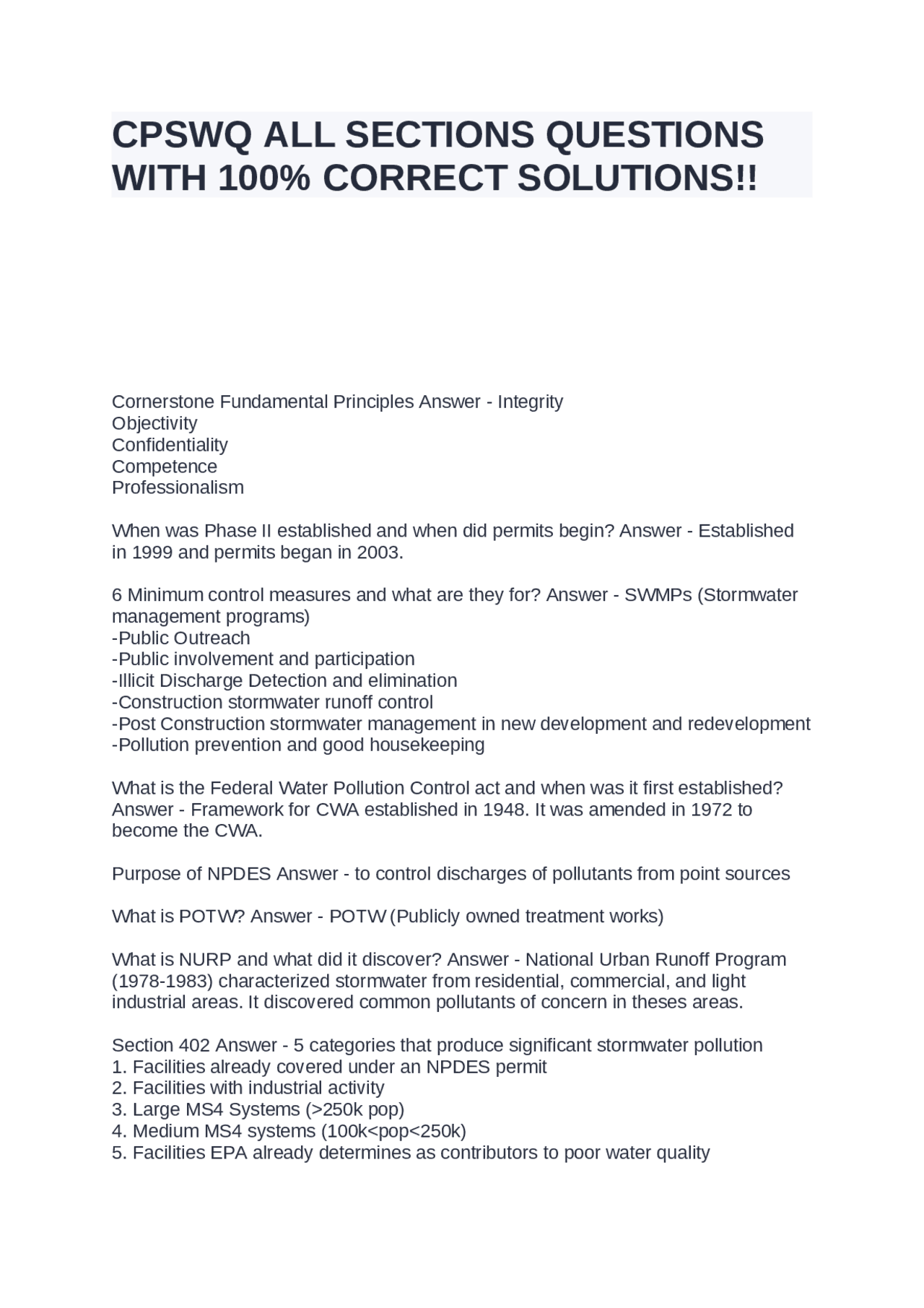 CPSWQ ALL SECTIONS QUESTIONS WITH 100% CORRECT SOLUTIONS!!. | Exams ...