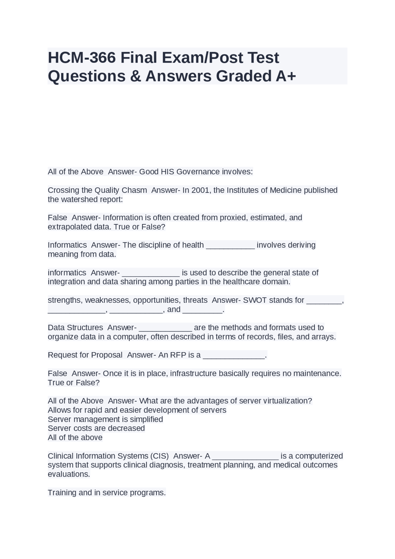 HCM-366 Final Exam Post Test Questions & Answers Graded A+ | Exams ...