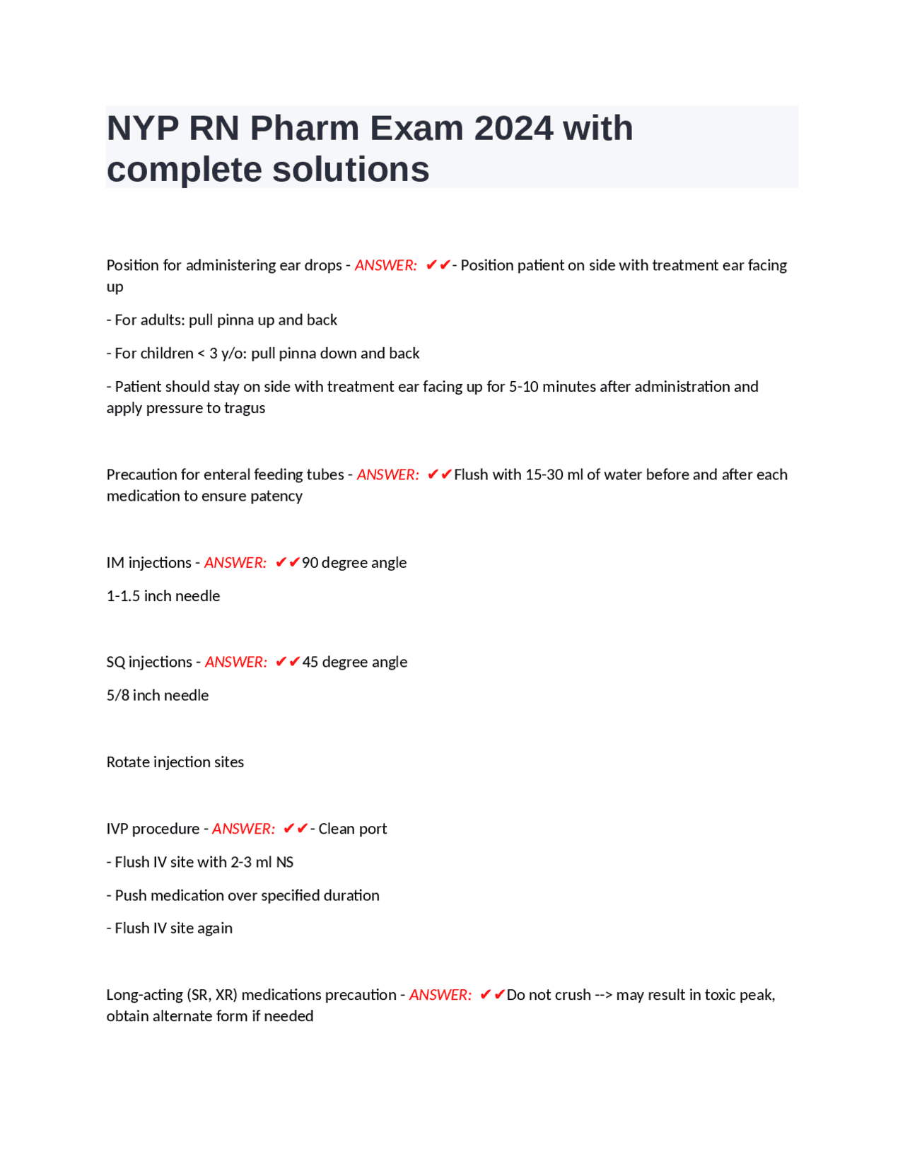 NYP RN Pharm Exam 2024 with complete solutions | Exams Nursing | Docsity