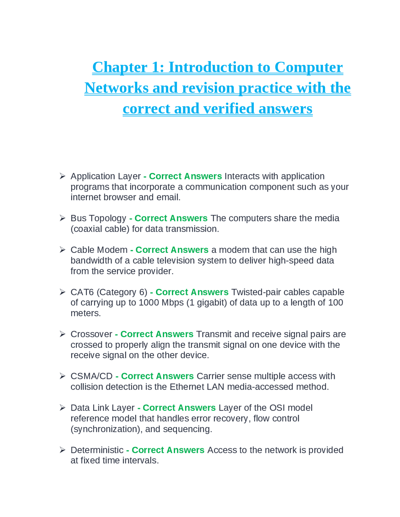 Chapter 1: Introduction to Computer Networks and revision practice with the correct and ve ...