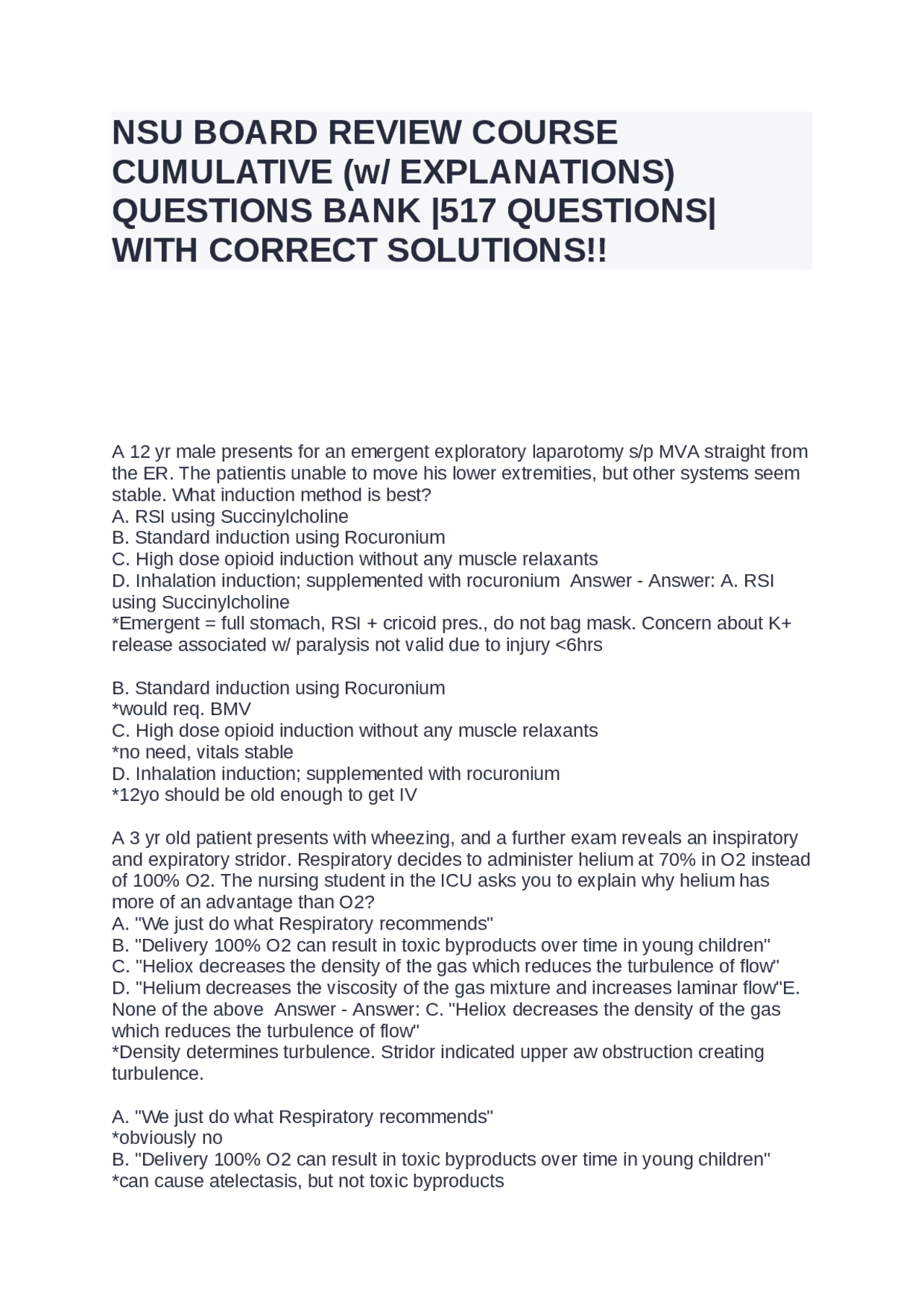 NSU BOARD REVIEW COURSE CUMULATIVE (w EXPLANATIONS) QUESTIONS BANK 517 ...