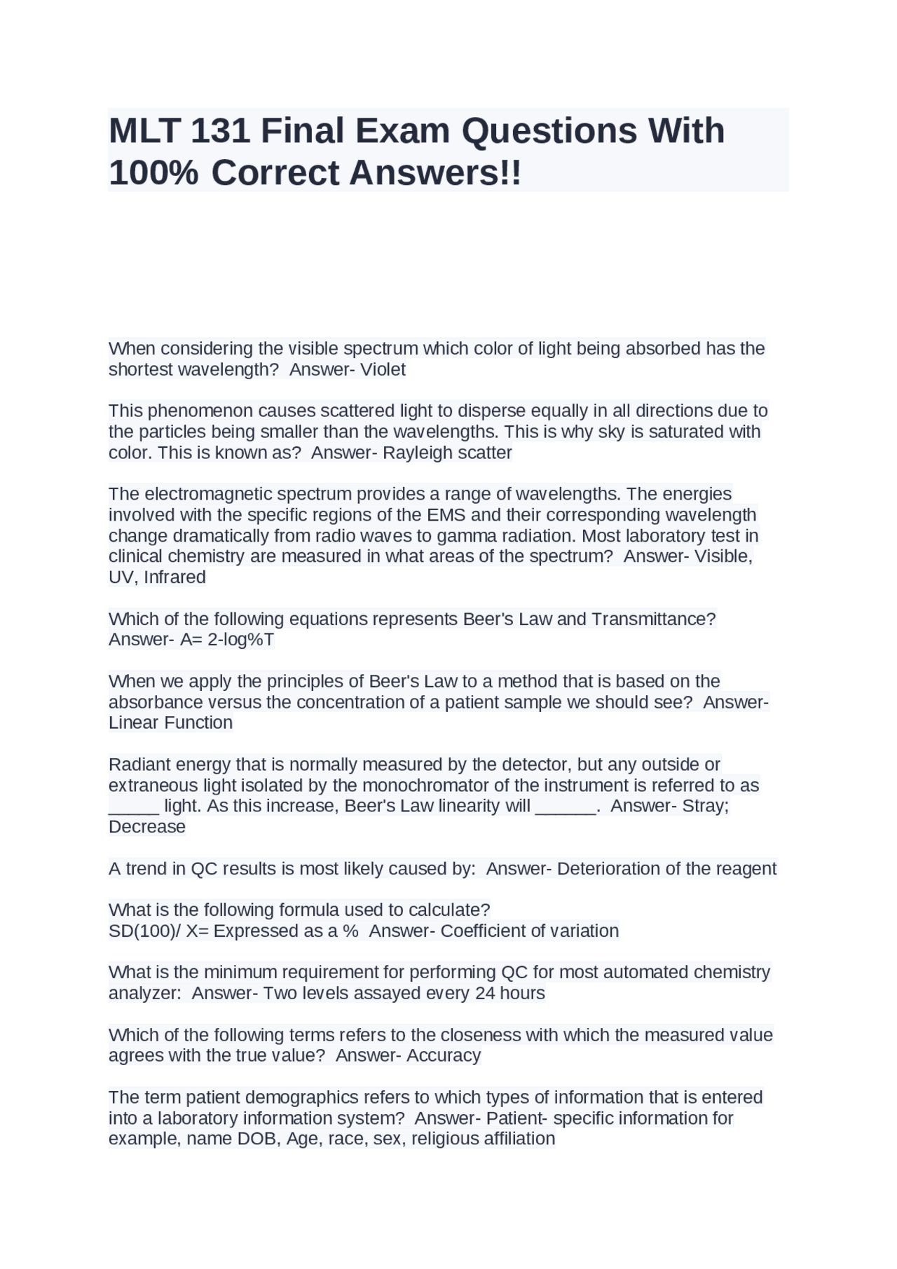 MLT 131 Final Exam Questions With 100% Correct Answers!! | Exams ...