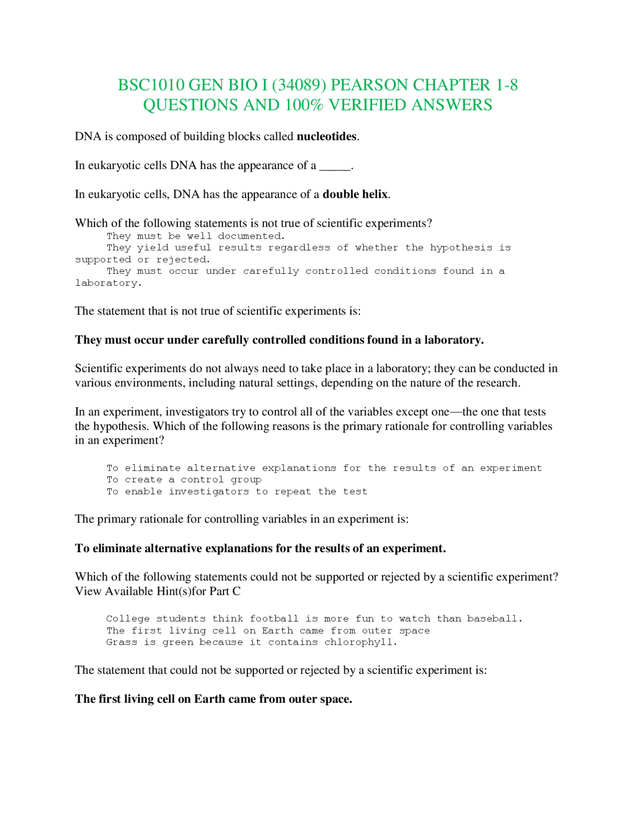 BSC1010 GEN BIO I (34089) PEARSON CHAPTER 1-8 QUESTIONS AND 100% ...