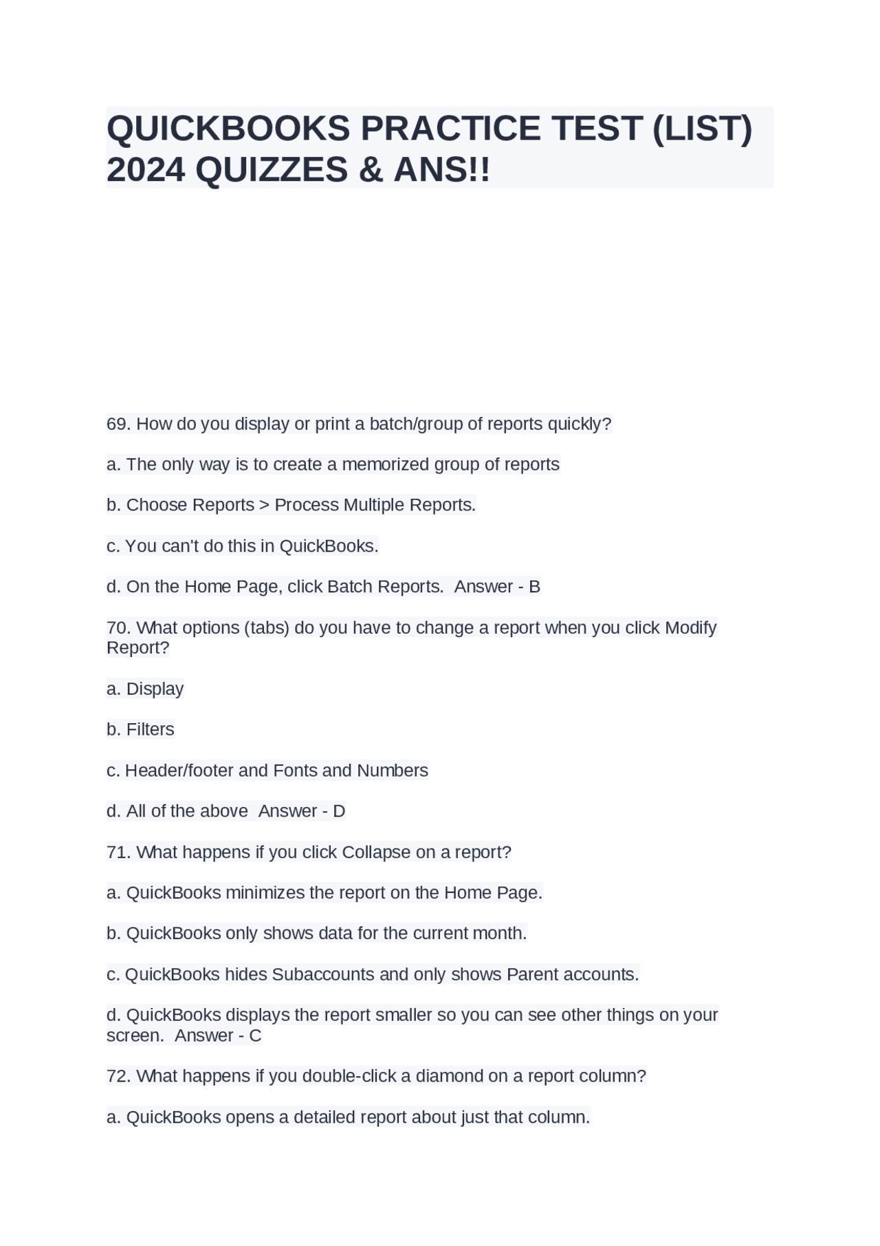 QUICKBOOKS PRACTICE TEST (LIST) 2024 QUIZZES & ANS!!. | Exams Nursing ...