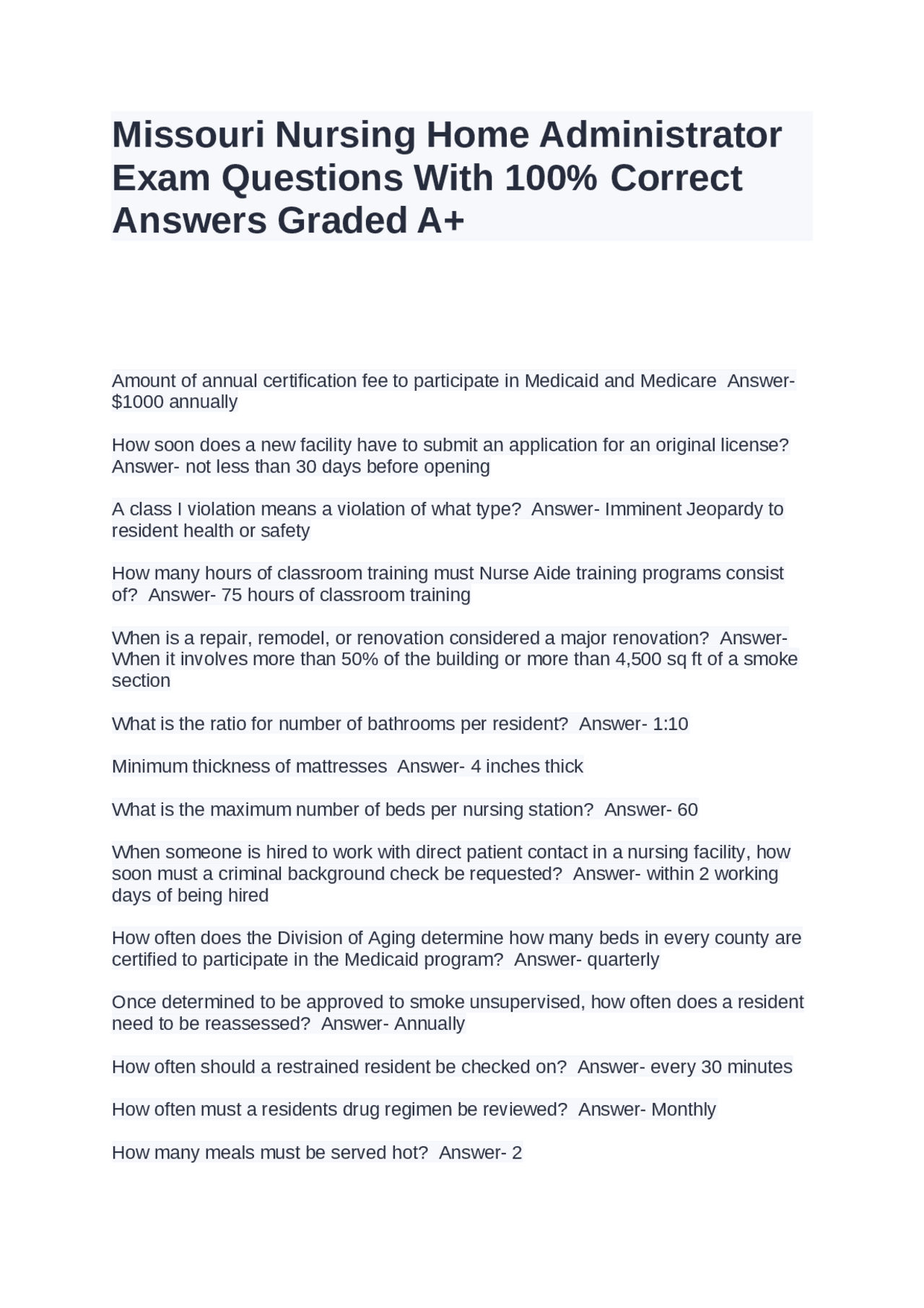 Missouri Nursing Home Administrator Exam Questions With 100% Correct ...