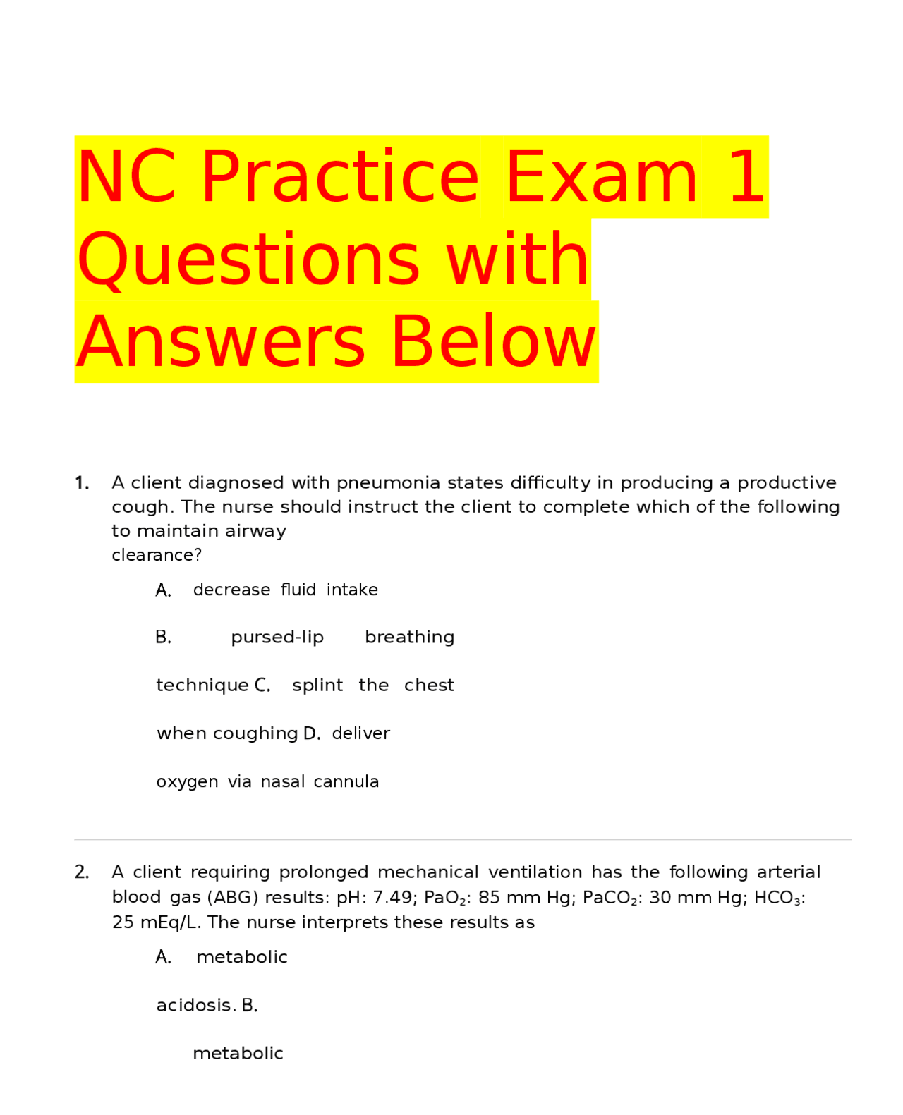 NC Practice Exam 1 Questions with Answers Below | Exams Nursing | Docsity