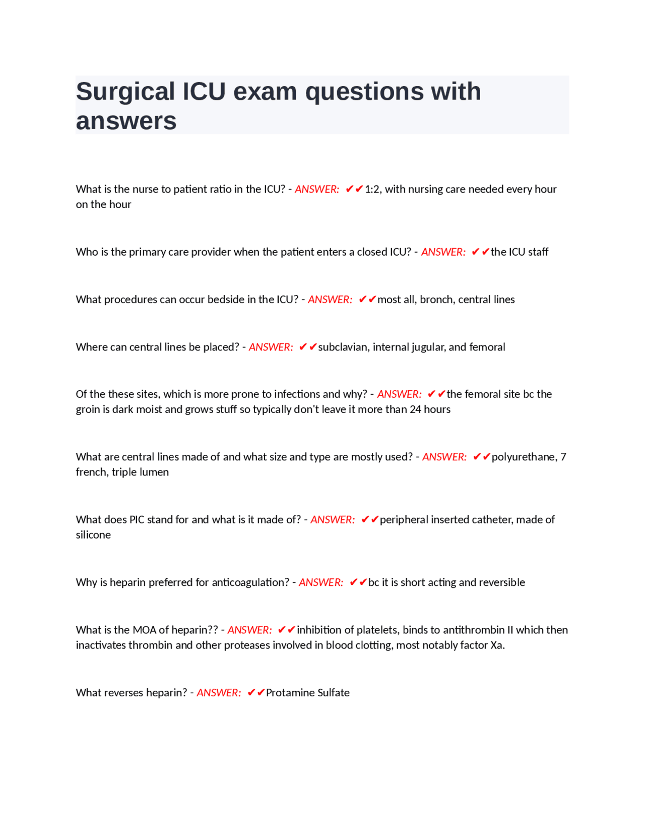 Surgical ICU exam questions with answers | Exams General Surgery | Docsity