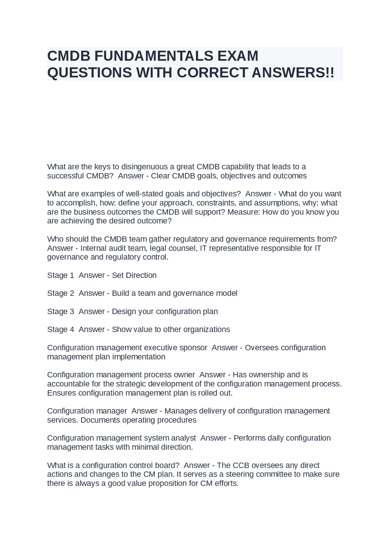 CMDB FUNDAMENTALS EXAM QUESTIONS WITH CORRECT ANSWERS!! | Exams Nursing | Docsity