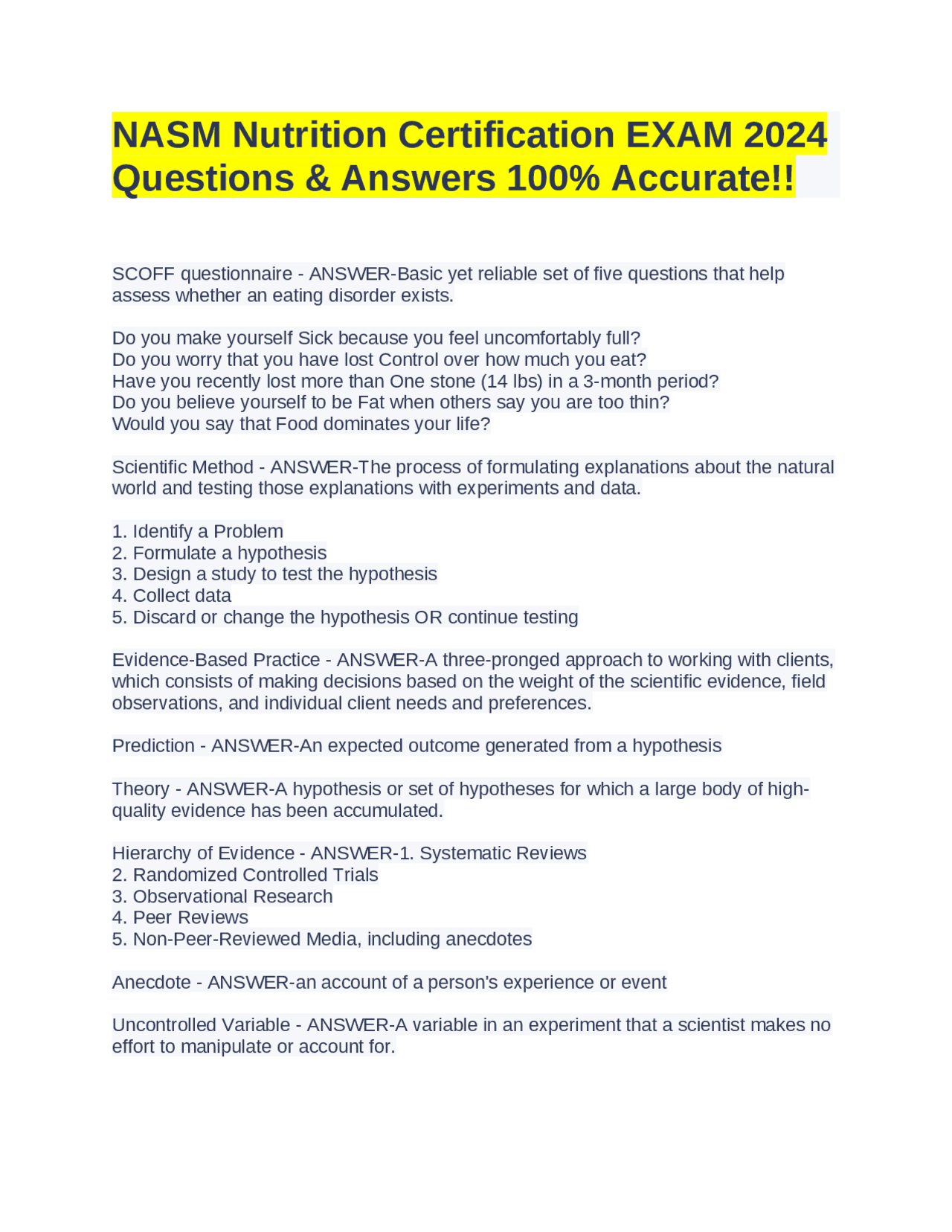 NASM Nutrition Certification EXAM 2024 Questions & Answers 100% ...
