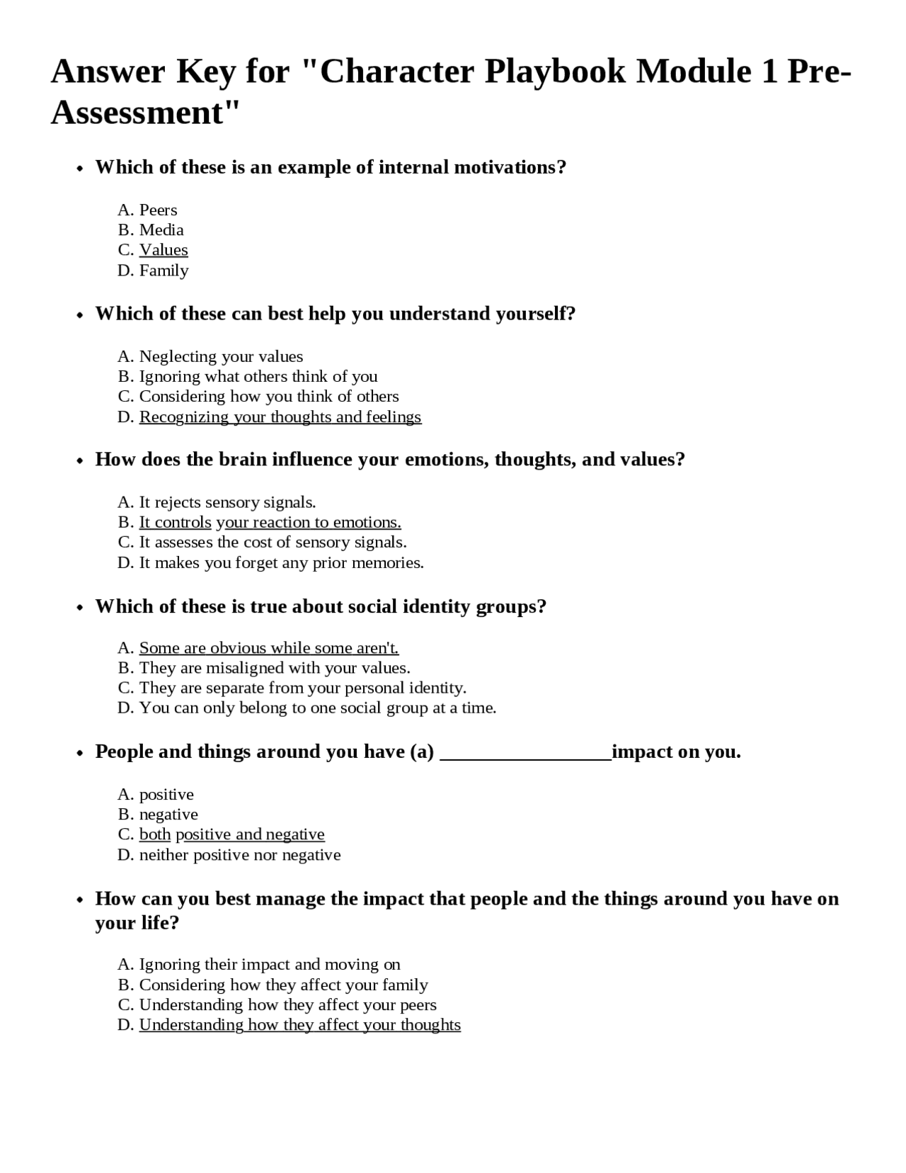 Answer Key for "Character Playbook Module 1 Pre-Assessment Questions and Answers 2024 / 2 ...
