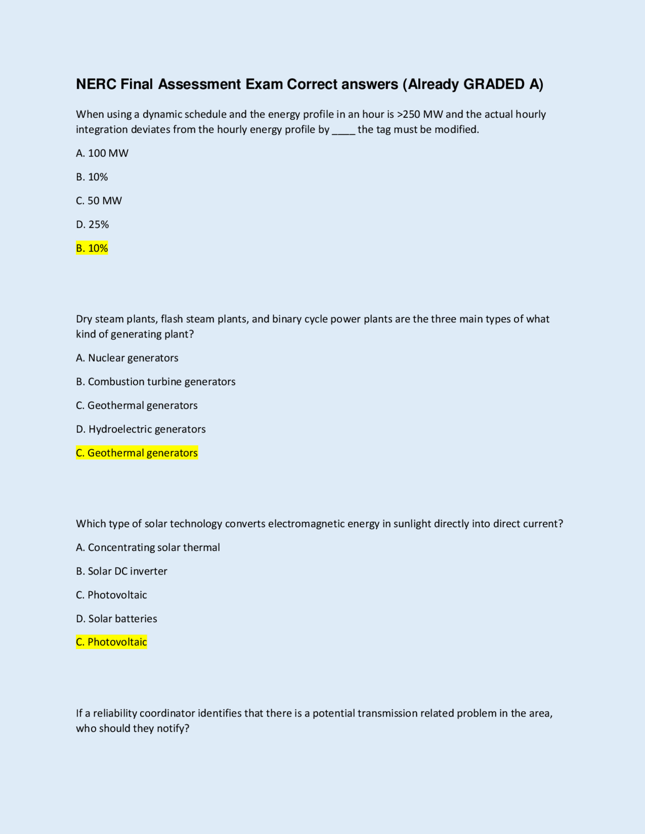 NERC Final Assessment Exam Correct answers (Already GRADED A) | Exams ...