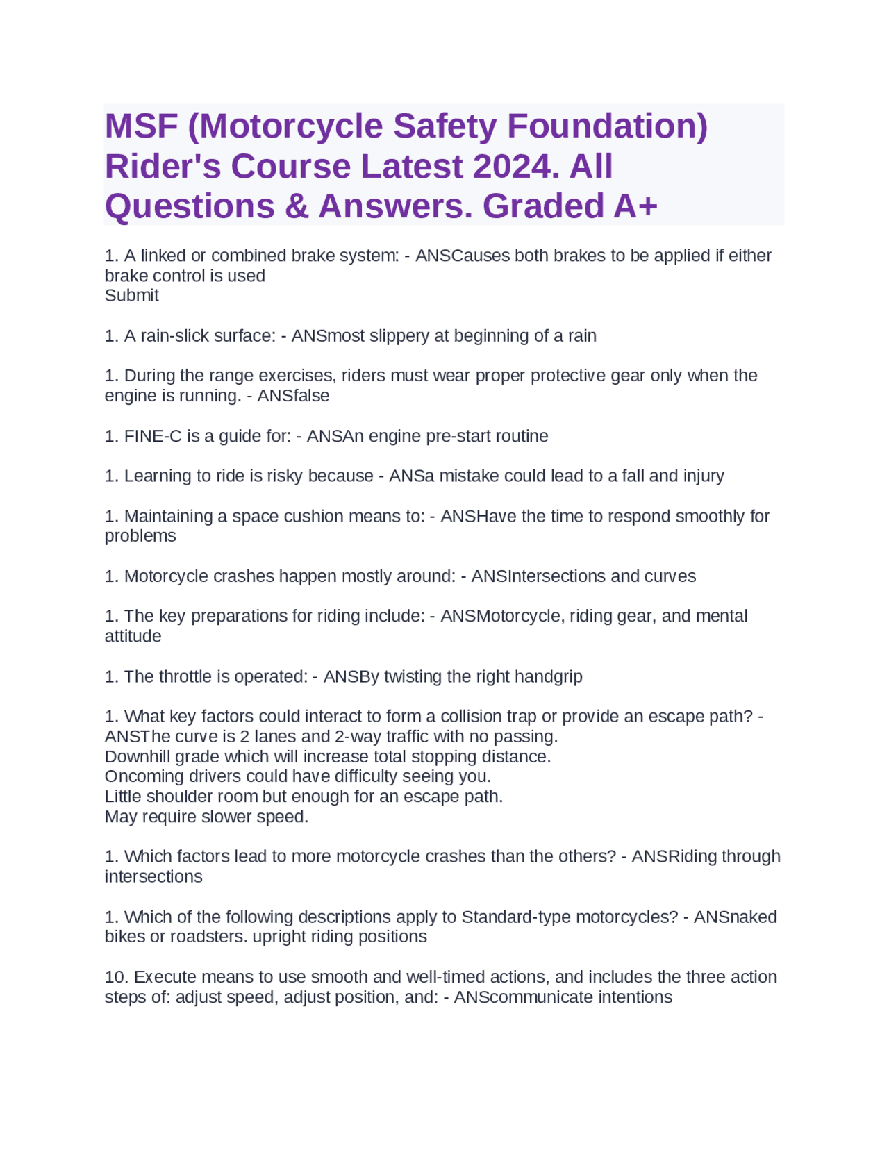 MSF (Motorcycle Safety Foundation) Rider's Course Latest 2024. All ...