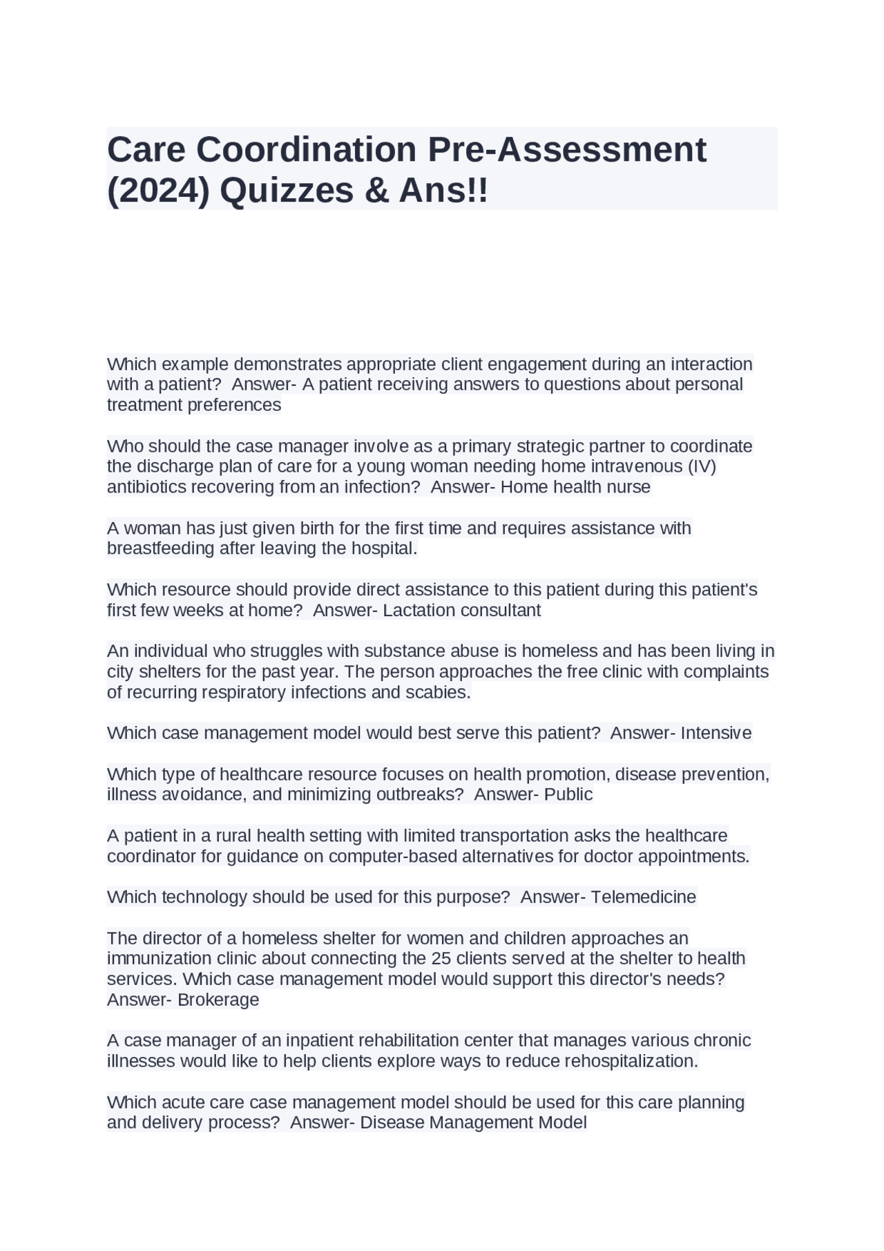Care Coordination Pre-Assessment (2024) Quizzes & Ans!!. | Exams ...