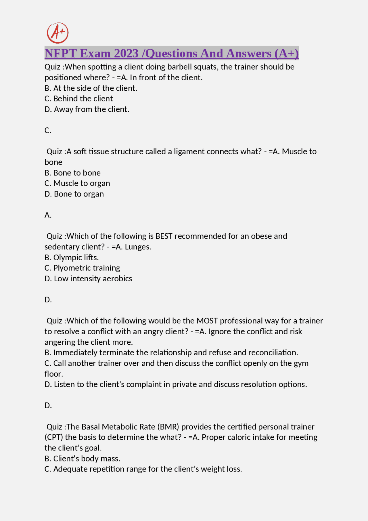 NFPT Exam 2023 /Questions And Answers (A+) | Exams Public Health | Docsity