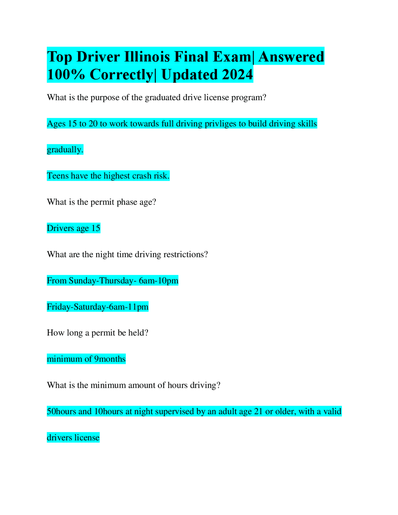 Top Driver Illinois Final Exam| Answered 100% Correctly| Updated 2024 ...