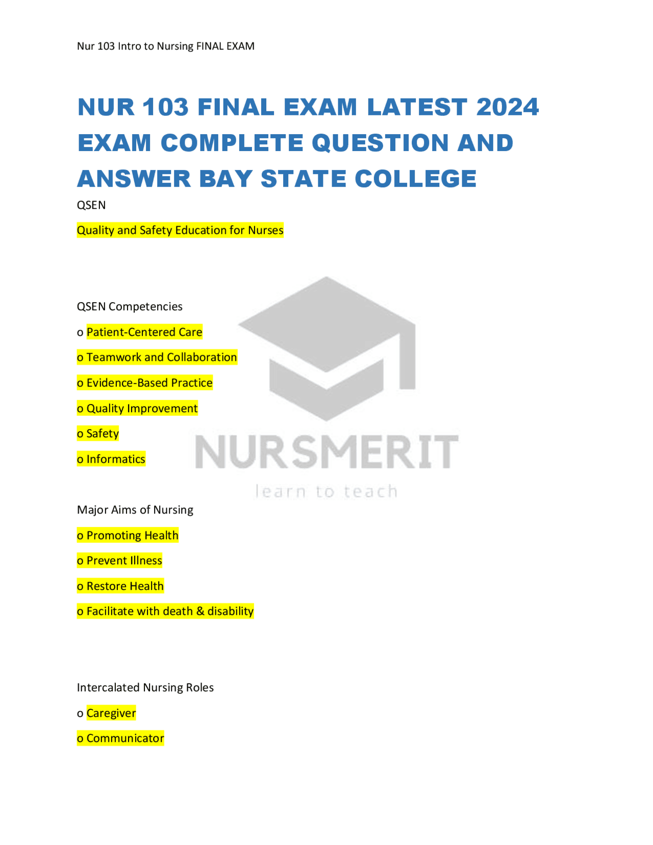 NUR 103 FINAL EXAM LATEST 2024 EXAM COMPLETE QUESTION AND ANSWER BAY ...
