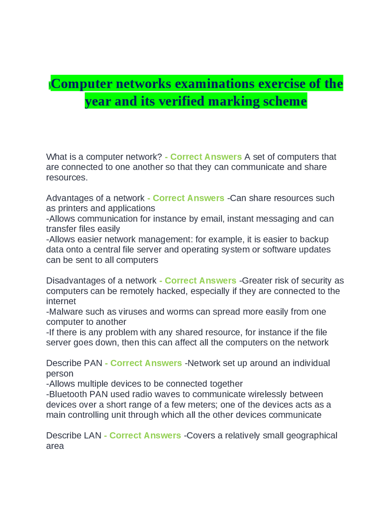 \Computer networks examinations exercise of the year and its verified marking scheme | Exams ...