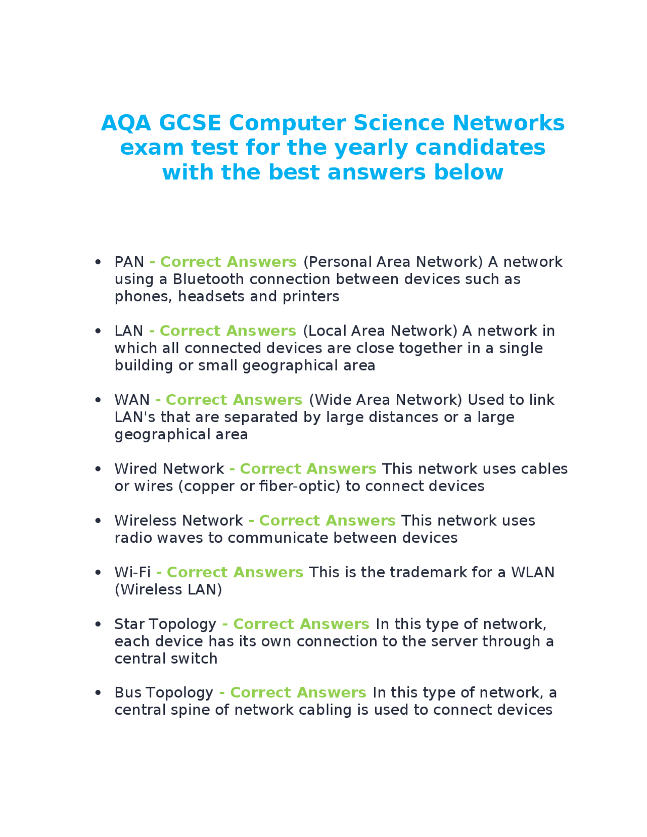Aqa Gcse Computer Science Networks Exam Test For The Yearly Candidates With The Best Answe