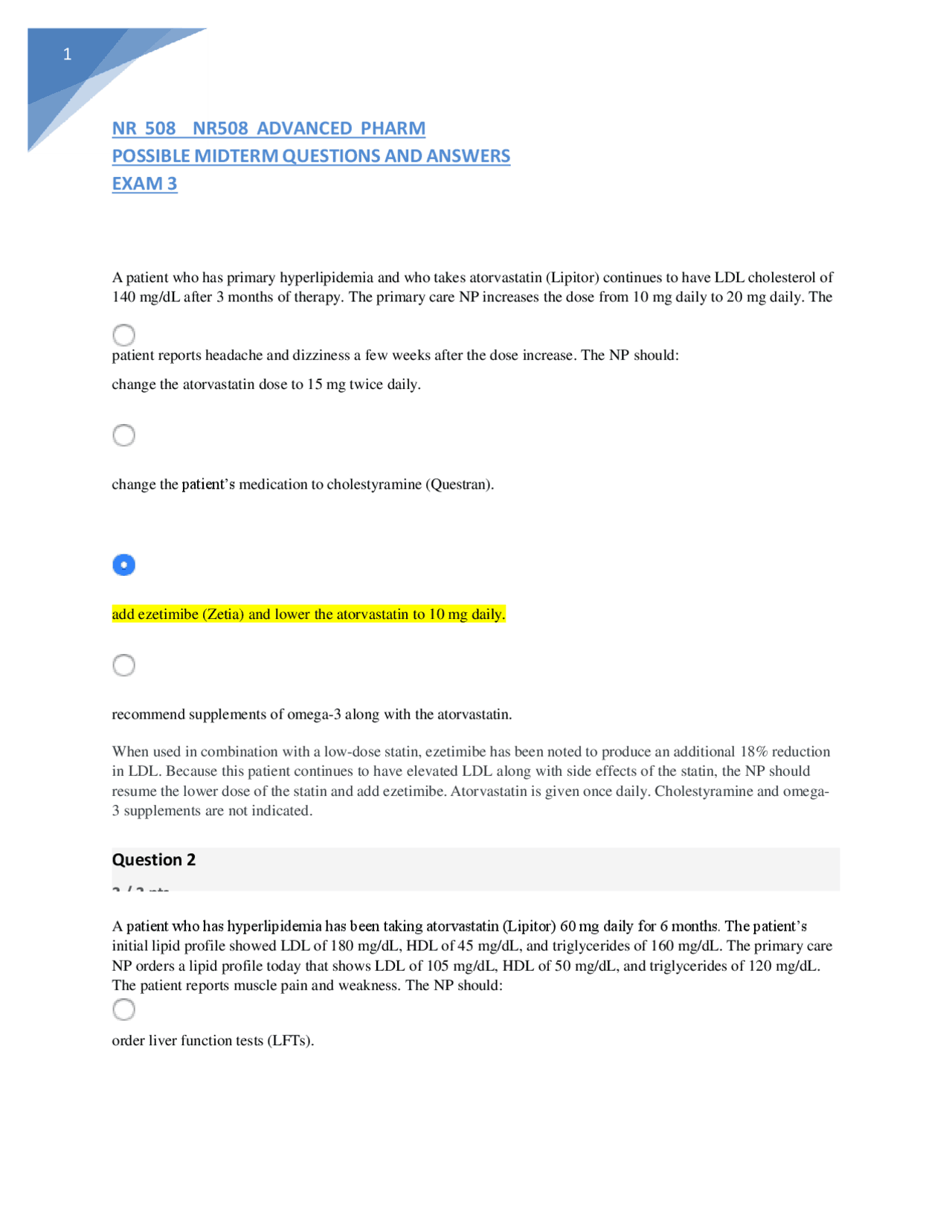 NR 508 NR508 ADVANCED PHARM POSSIBLE MIDTERM QUESTIONS AND ANSWERS EXAM 3 | Exams Nursing | Docsity