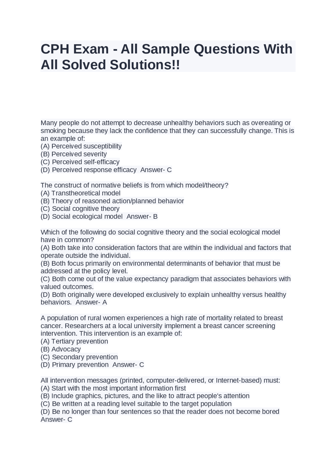 CPH Exam - All Sample Questions With All Solved Solutions!! | Exams ...