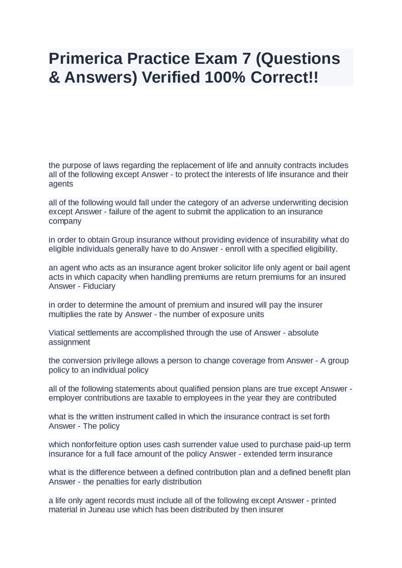 Primerica Practice Exam 7 (Questions & Answers) Verified 100% Correct ...