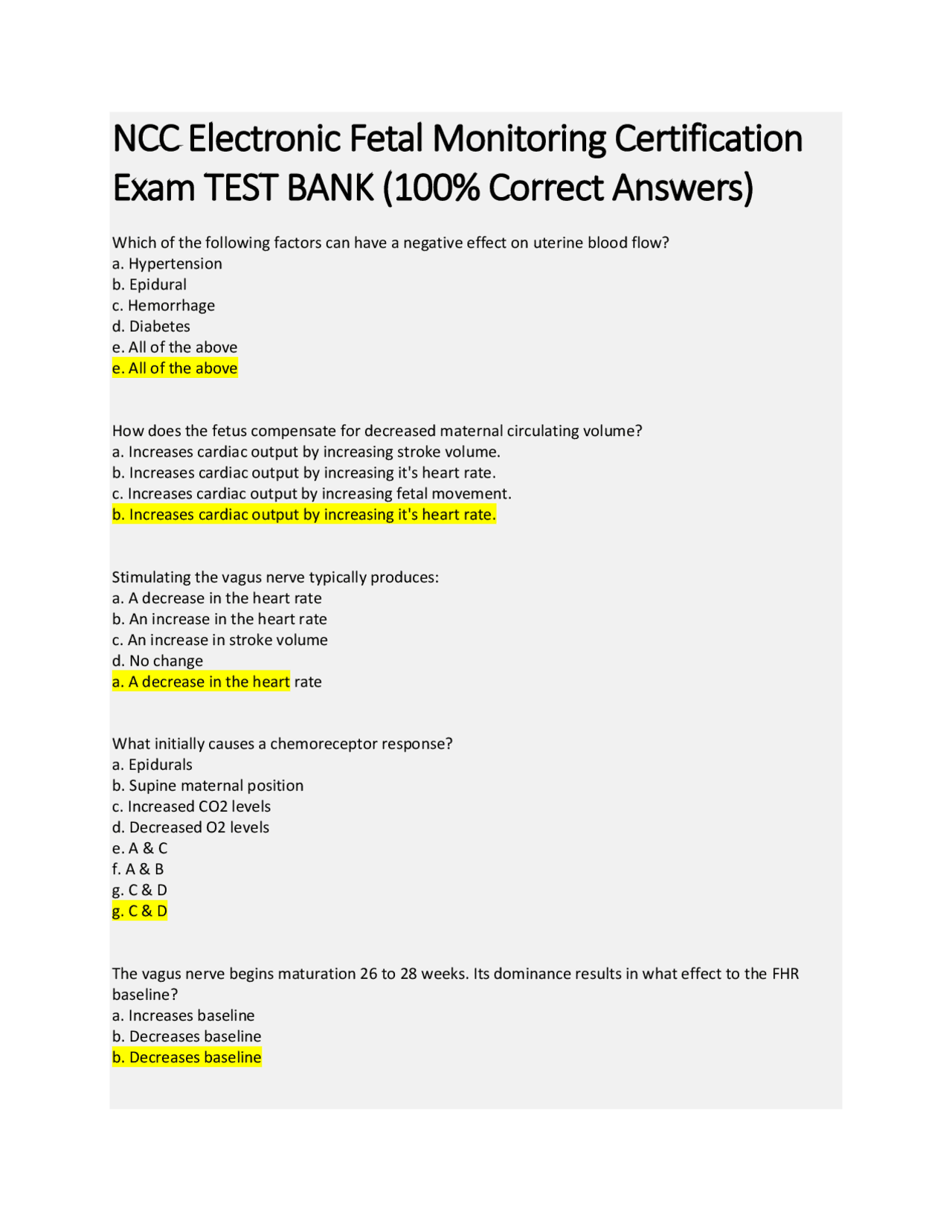 NCC Electronic Fetal Monitoring Certification Exam TEST BANK (100% ...
