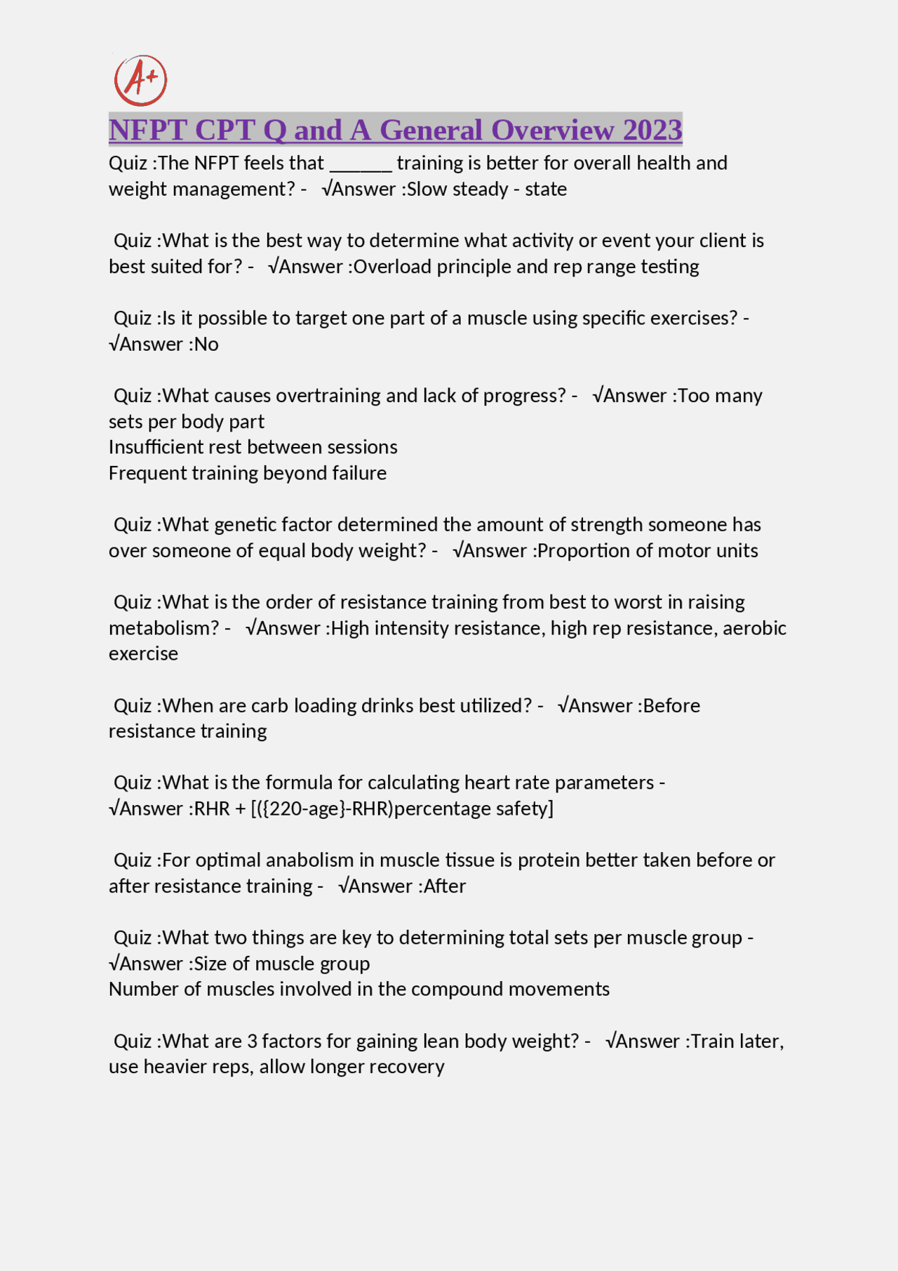 NFPT CPT Q and A General Overview 2023 | Exams Public Health | Docsity