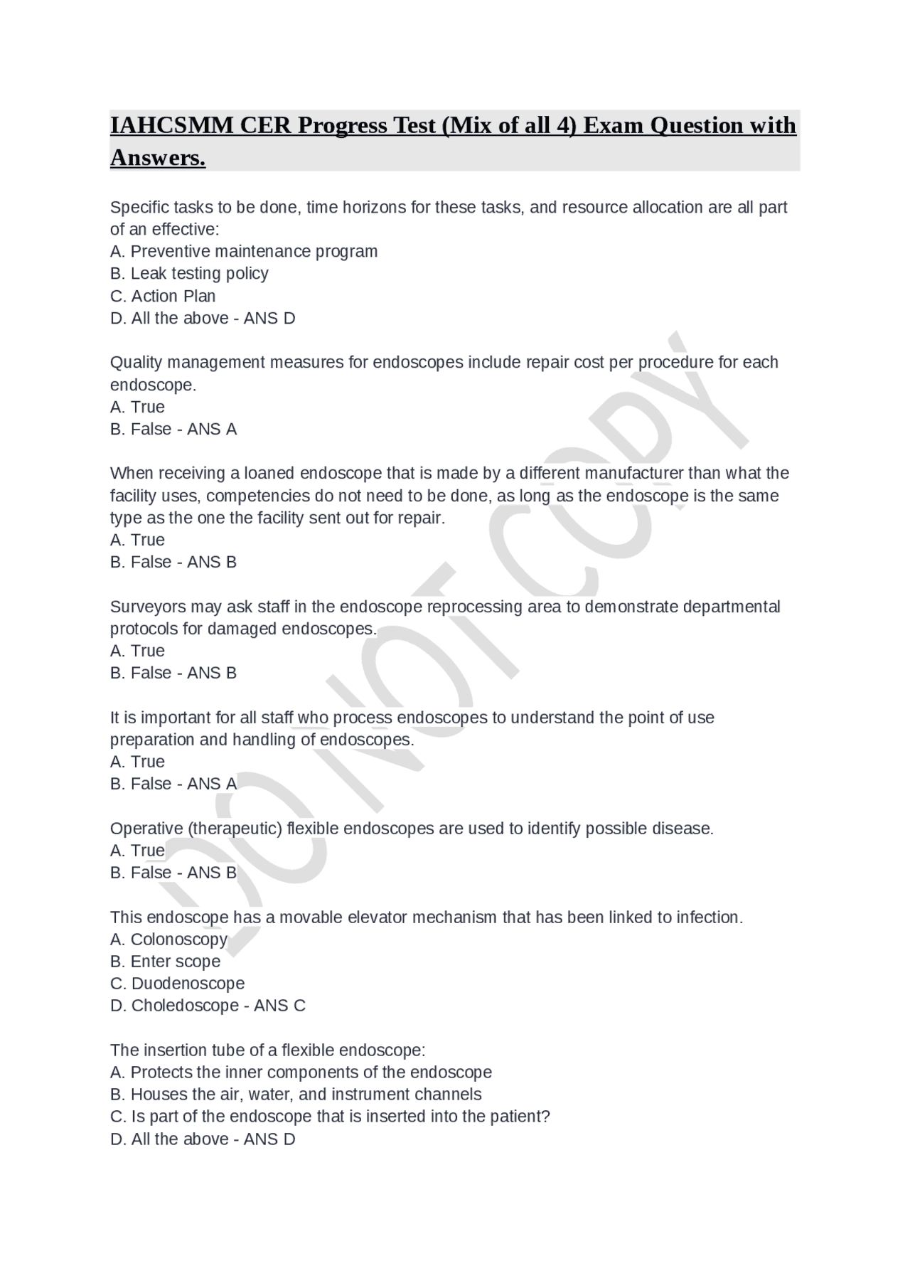 IAHCSMM CER Progress Test (Mix of all 4) Exam Question with Answers ...
