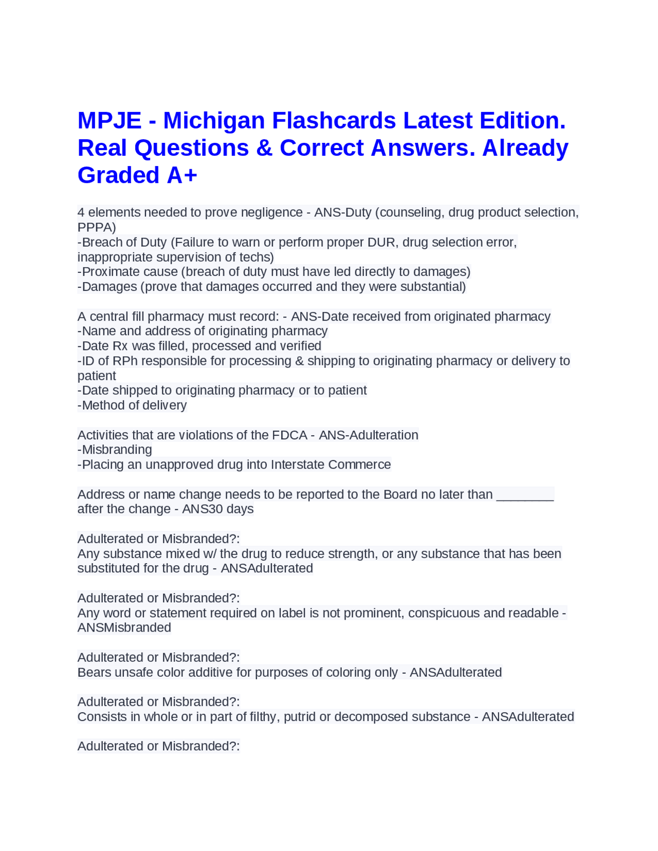 MPJE - Michigan Flashcards Latest Edition. Real Questions & Correct ...