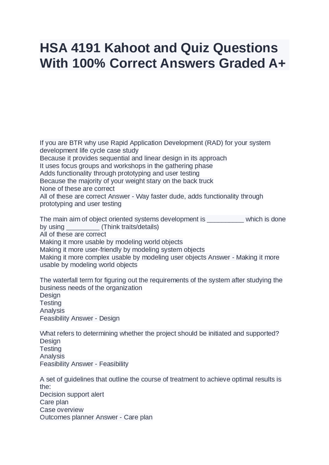 HSA 4191 Kahoot and Quiz Questions With 100% Correct Answers Graded A+ ...