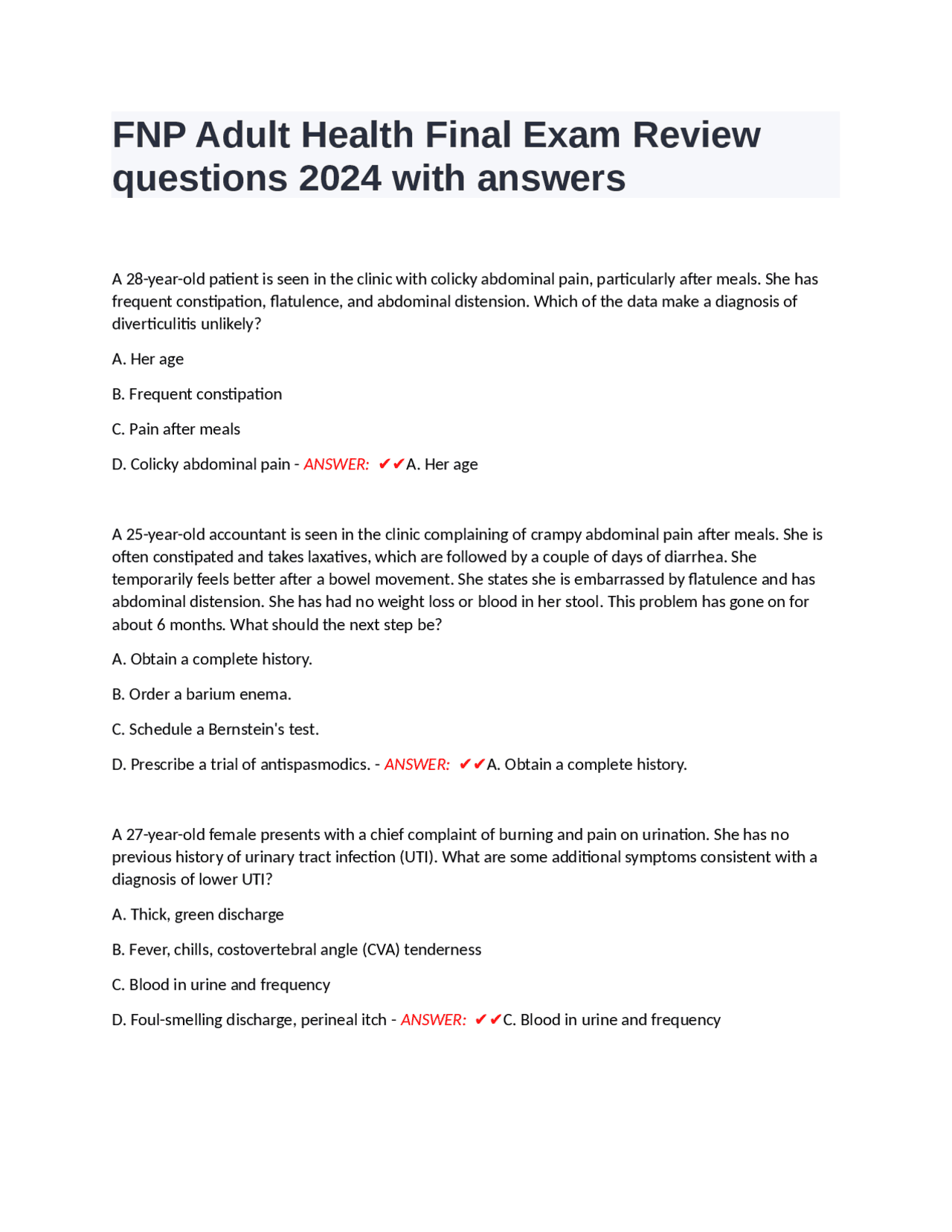 FNP Adult Health Final Exam Review questions 2024 with answers. | Exams ...