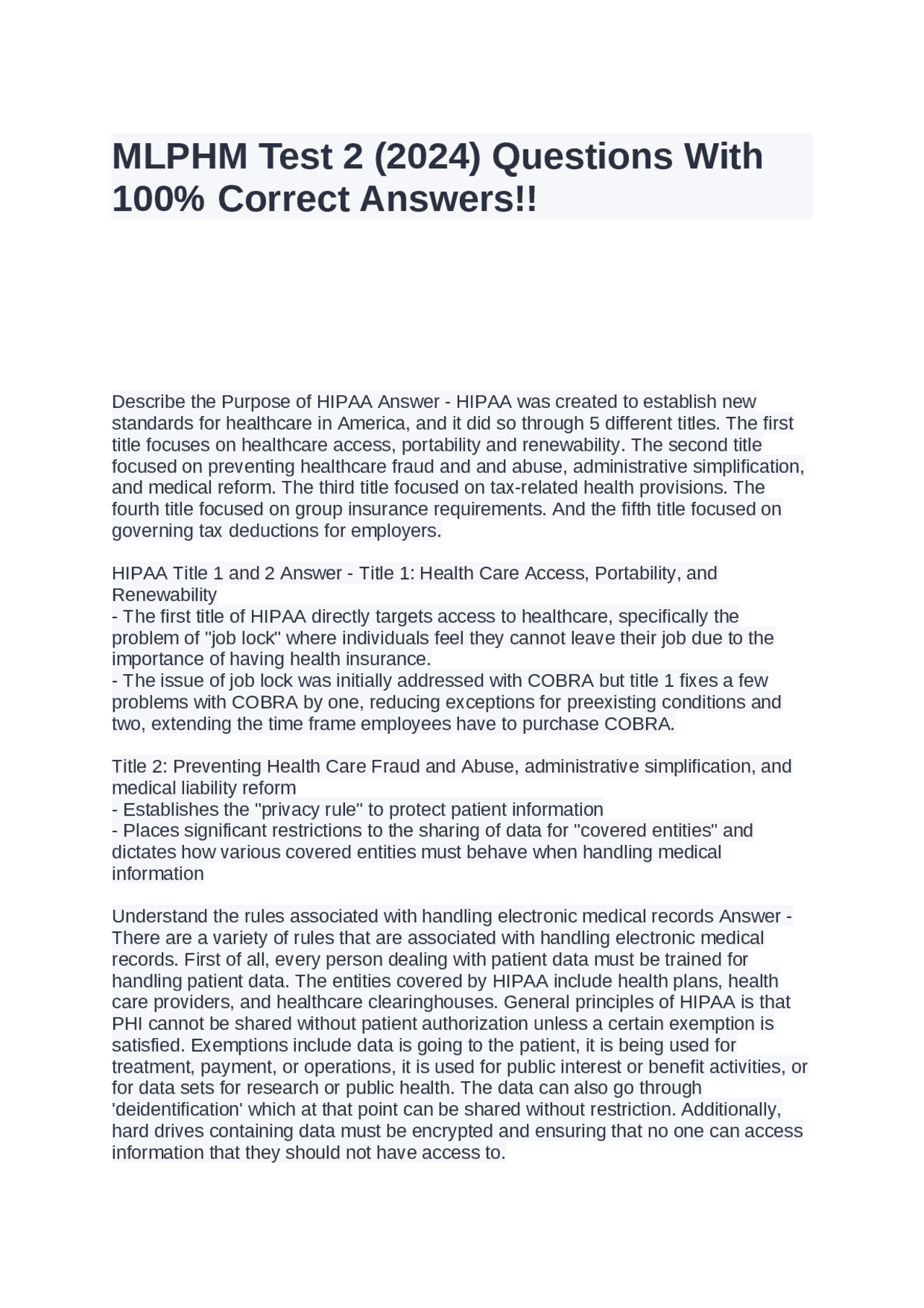 MLPHM Test 2 (2024) Questions With 100% Correct Answers!! | Exams ...