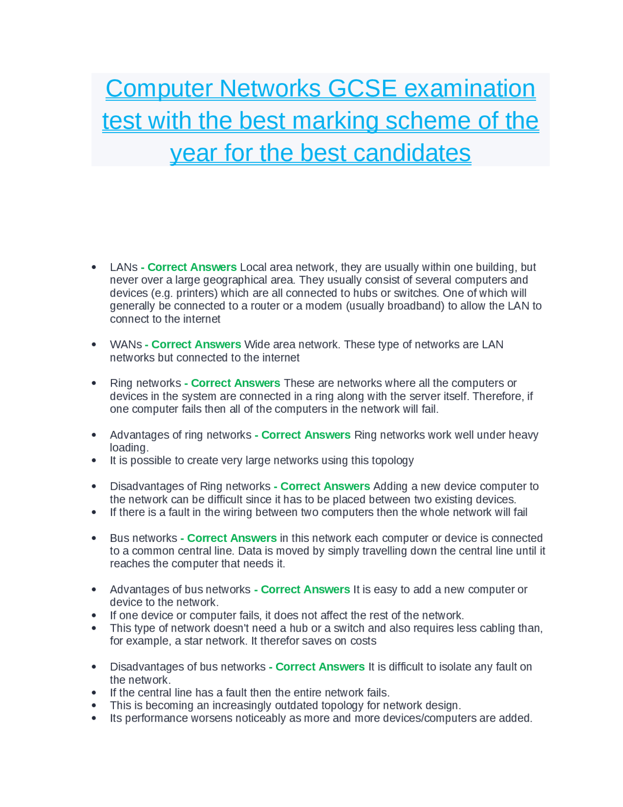 Computer Networks GCSE examination test with the best marking scheme of ...