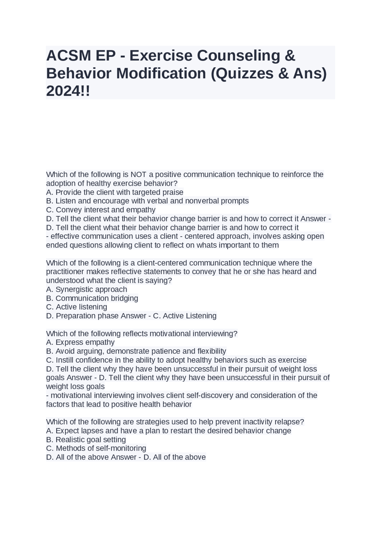 ACSM EP - Exercise Counseling & Behavior Modification (Quizzes & Ans) 2024!! | Exams Nursing ...