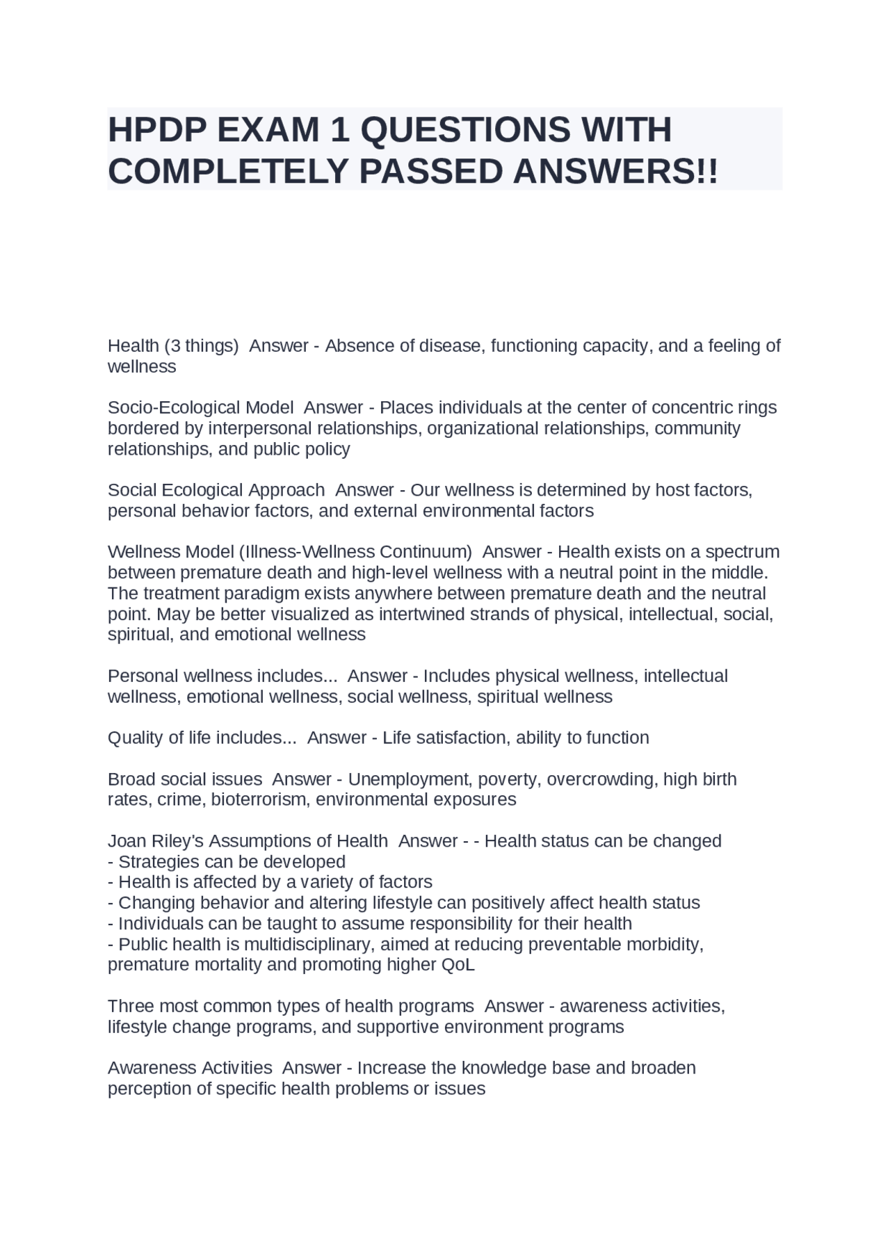 HPDP EXAM 1 QUESTIONS WITH COMPLETELY PASSED ANSWERS!! | Exams Nursing ...