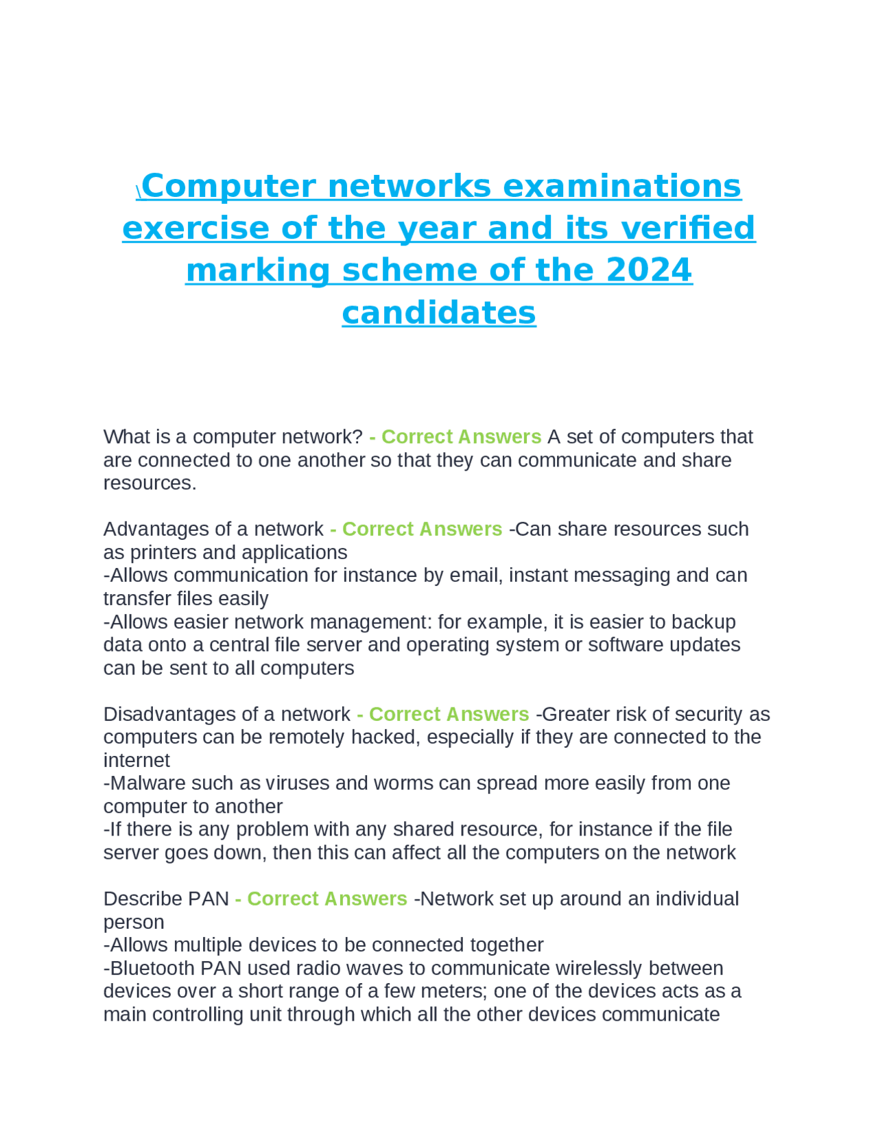 \Computer networks examinations exercise of the year and its verified marking scheme of th ...