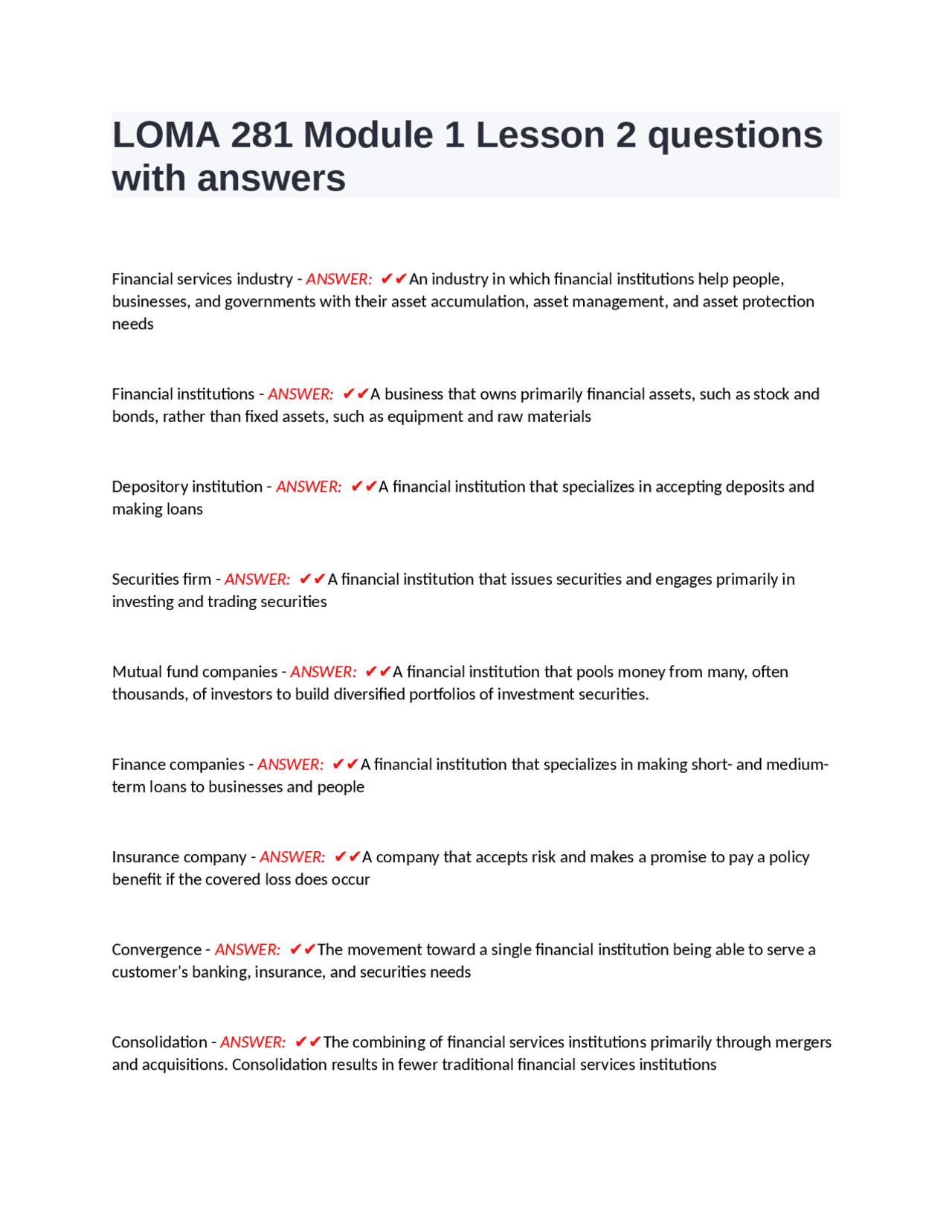 LOMA 281 Module 1 Lesson 2 questions with answers | Exams Insurance law ...