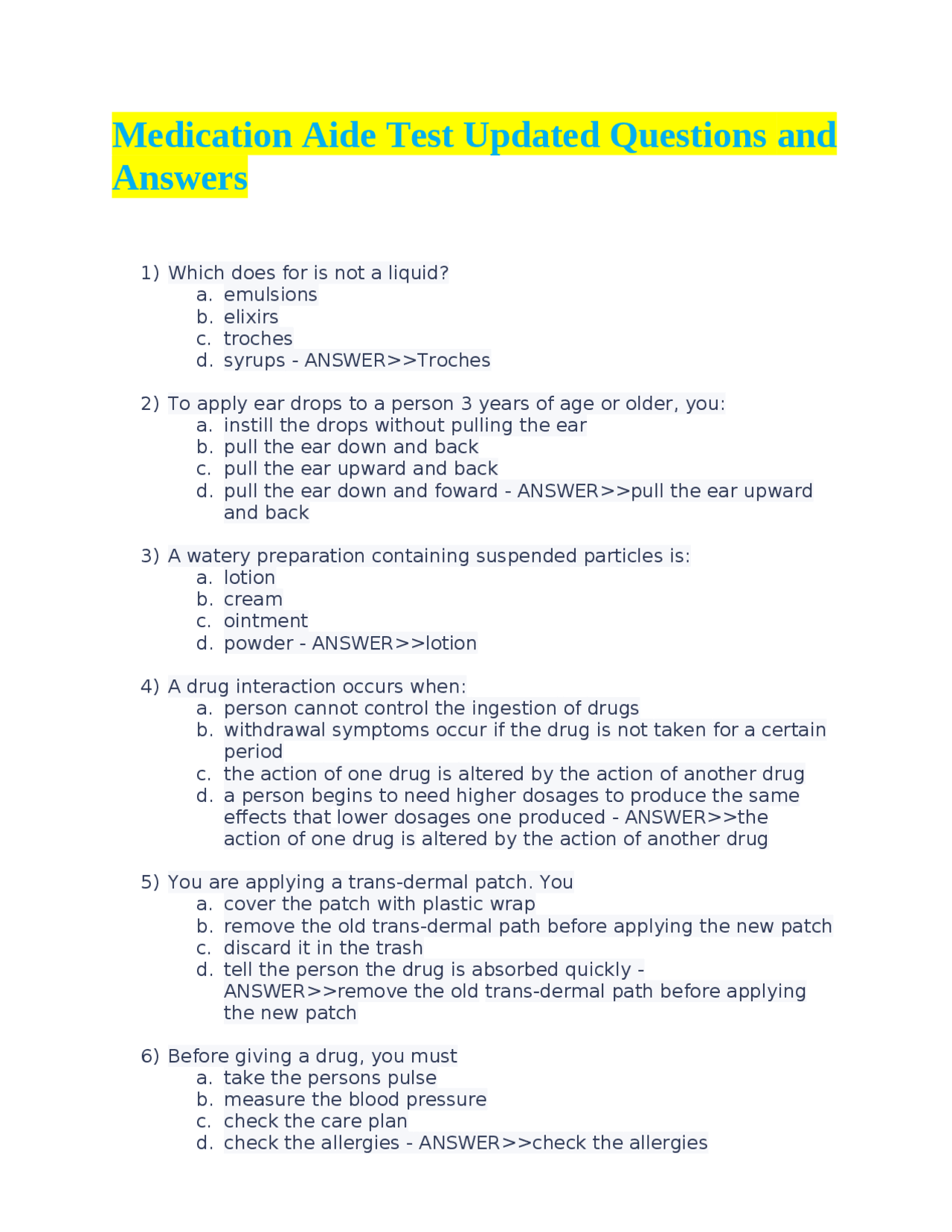 Medication Aide Test Updated Questions and Answers | Exams Medicine ...