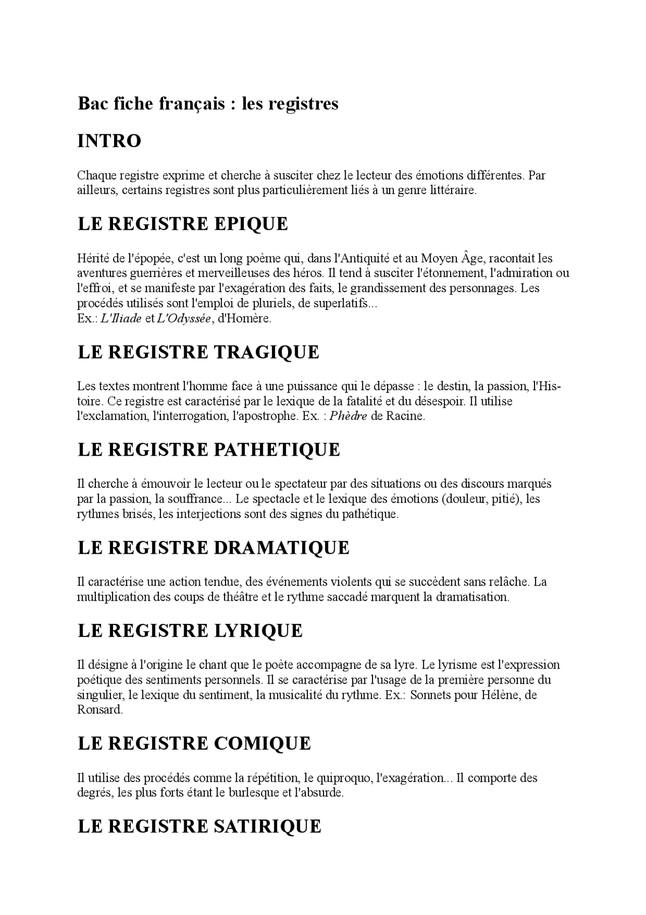 Registre littéraire fiche de révision | Notes Français | Docsity
