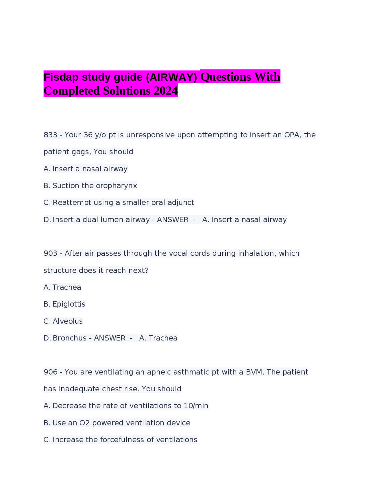 Fisdap study guide (AIRWAY) Questions With Completed Solutions 2024 ...