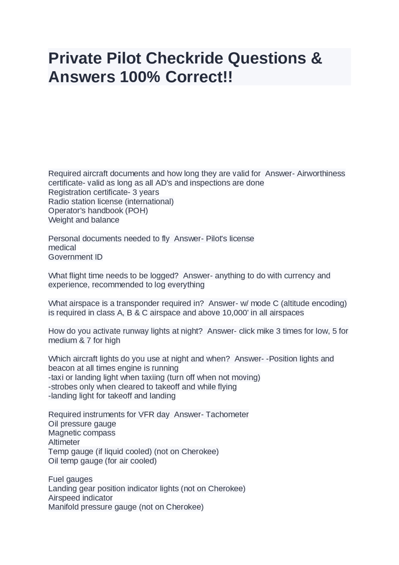 Private Pilot Checkride Questions & Answers 100% Correct!!. | Exams ...