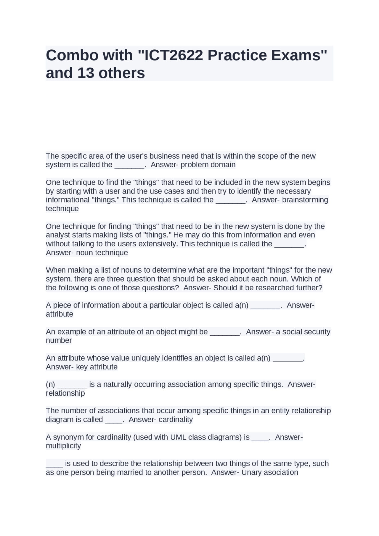 Combo with ICT2622 Practice Exams and 13 others. | Exams Nursing | Docsity