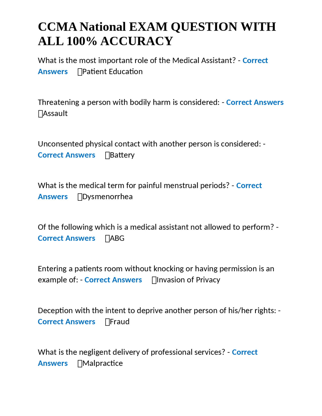 CCMA National EXAM QUESTION WITH ALL 100% ACCURACY | Exams Nursing ...