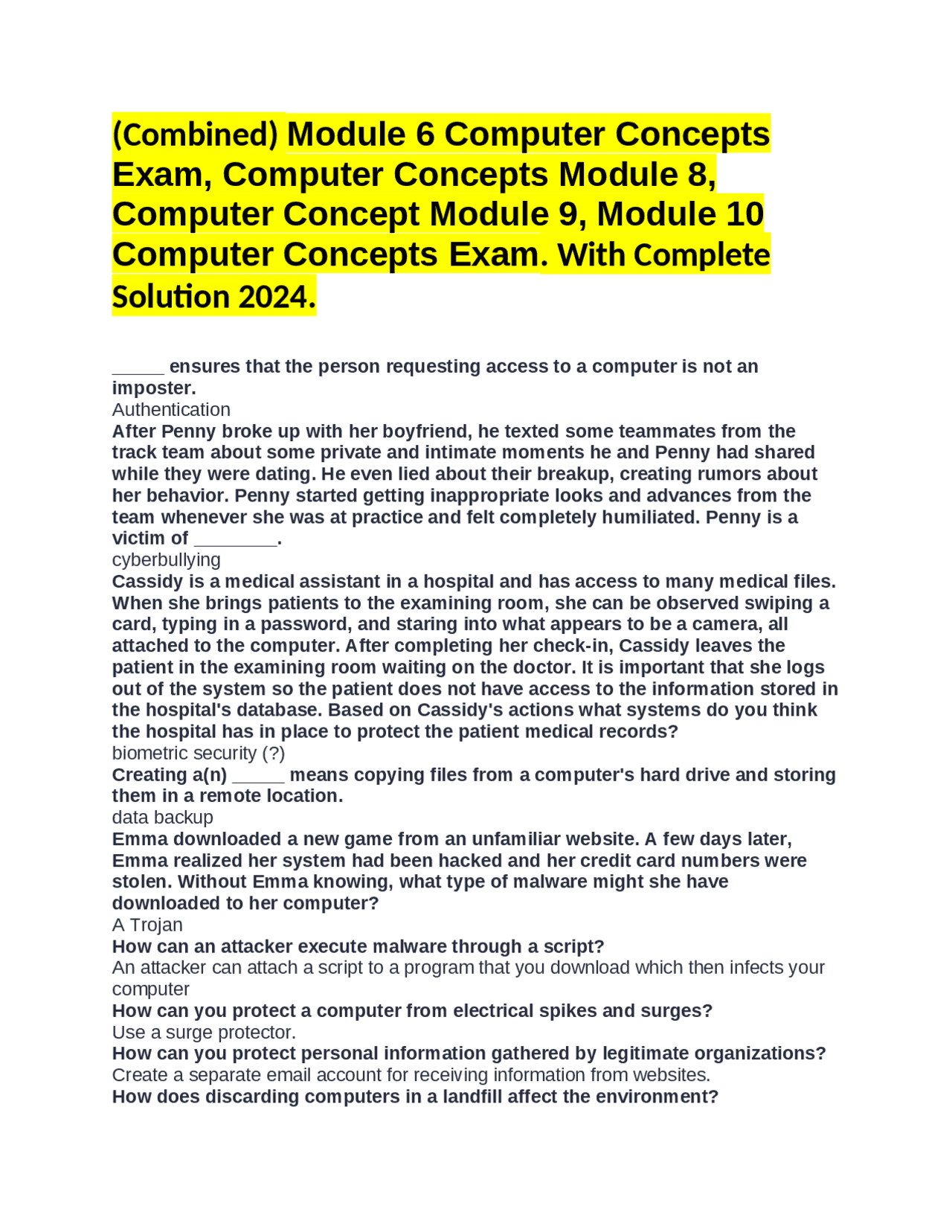 (Combined)Computer Concepts Exam Module 6 to 10 with complete solutions 2024 | Exams Nursing ...