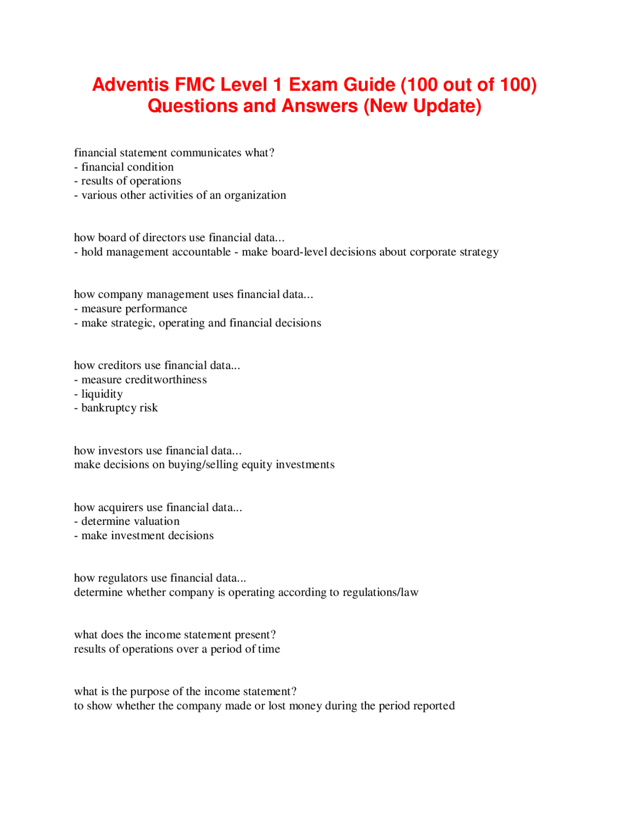 Adventis FMC Level 1 Exam Guide (100 out of 100) Questions and Answers (New Update) | Study ...