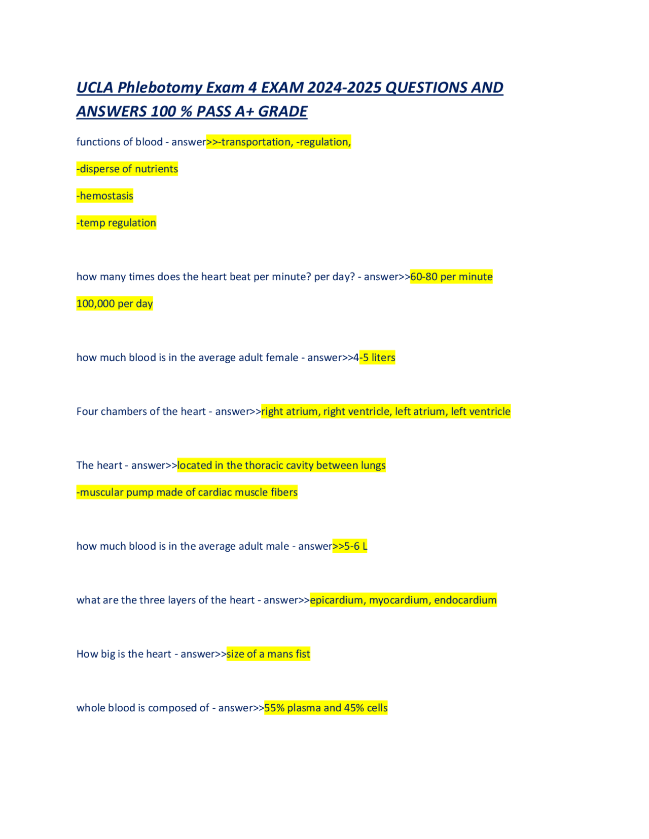 UCLA Phlebotomy Exam 4 EXAM 2024-2025 QUESTIONS AND ANSWERS 100 % PASS ...